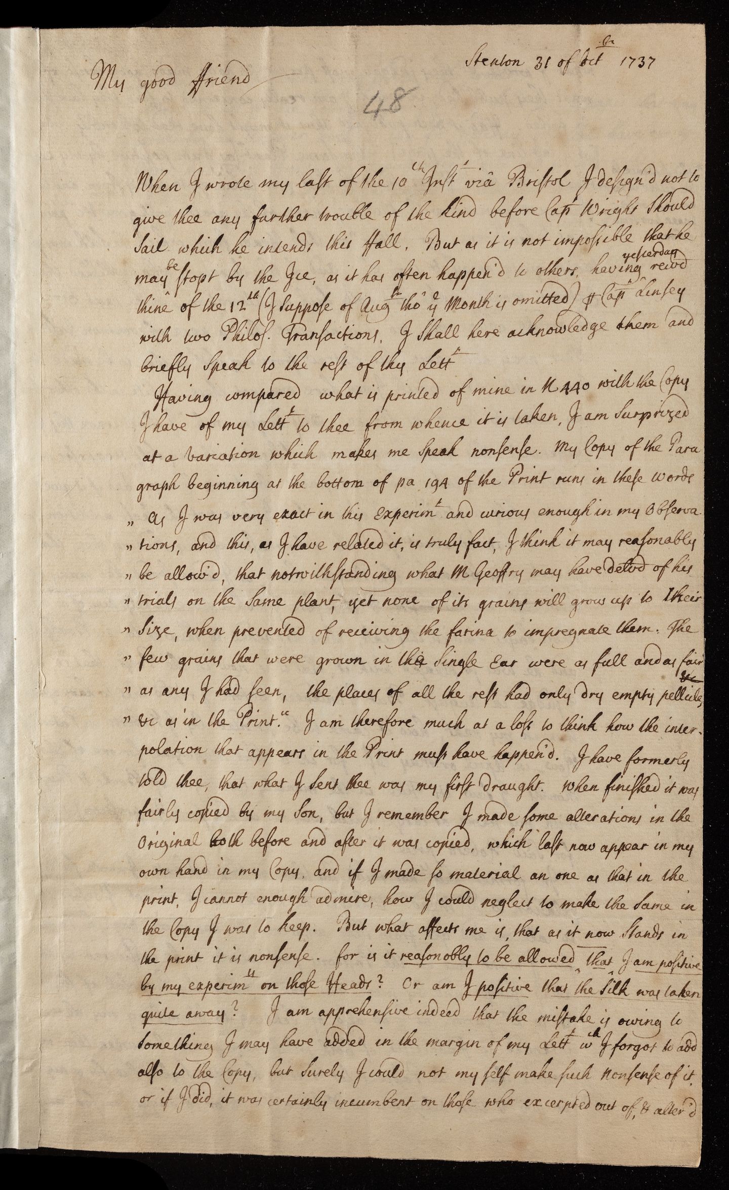 Letter, from James Logan to Peter Collinson, dated at Stenton | The ...
