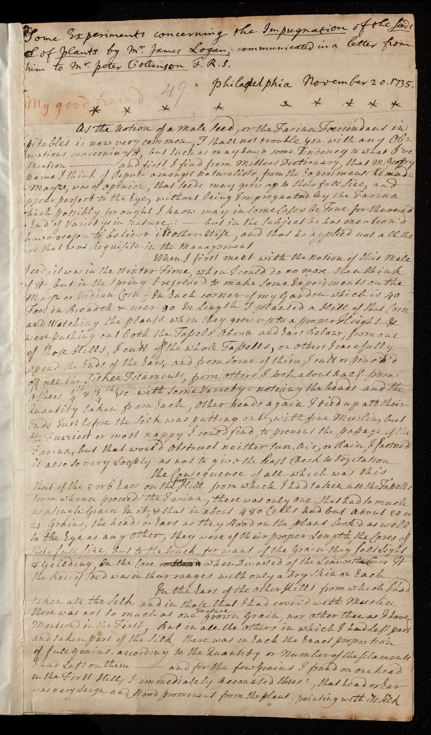 Letter, from James Logan to Peter Collinson, dated at Philadelphia ...