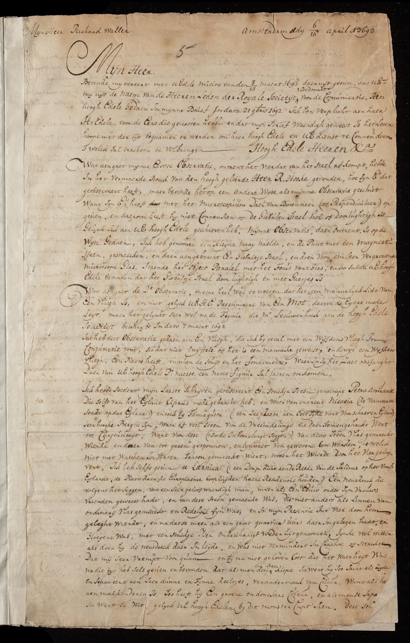 Letter, from Daniel Mitz to Richard Waller, dated at Amsterdam | The ...