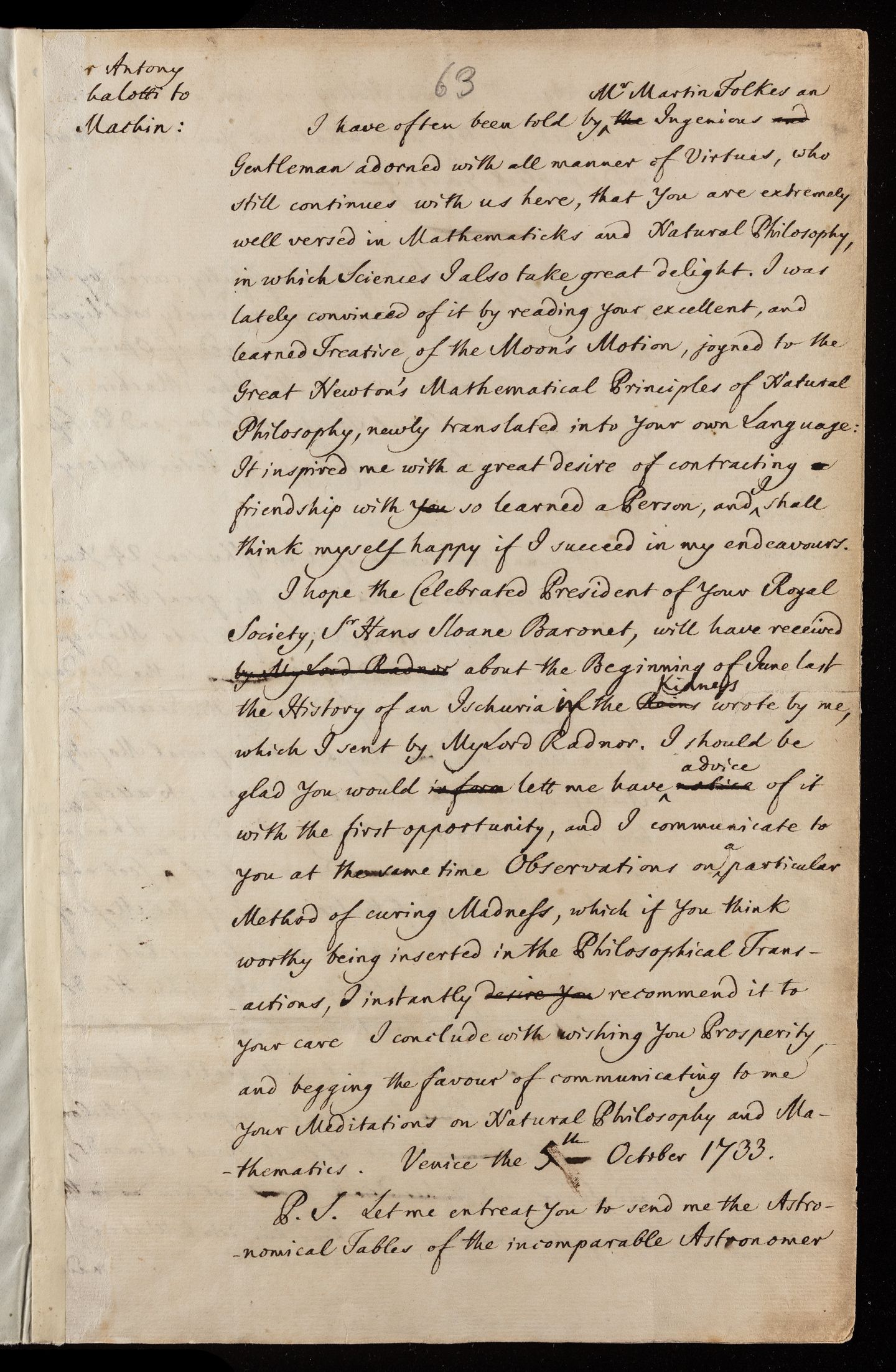 Letter, from Pietro Michelotti to John Machin, dated at Venice | The ...