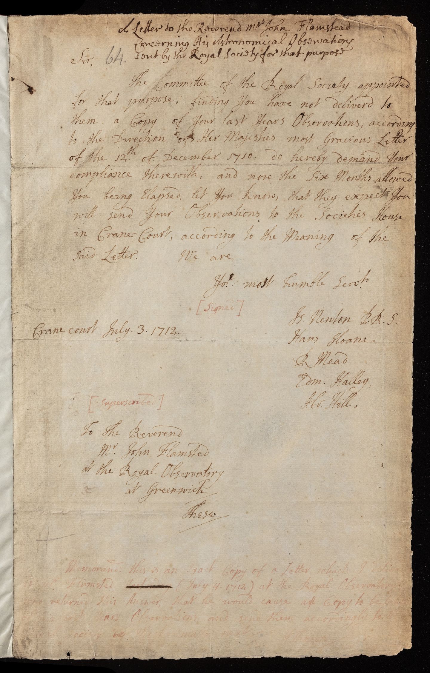 Copy of a letter, from Isaac Newton, Hans Sloane, Richard Mead, Edmond ...