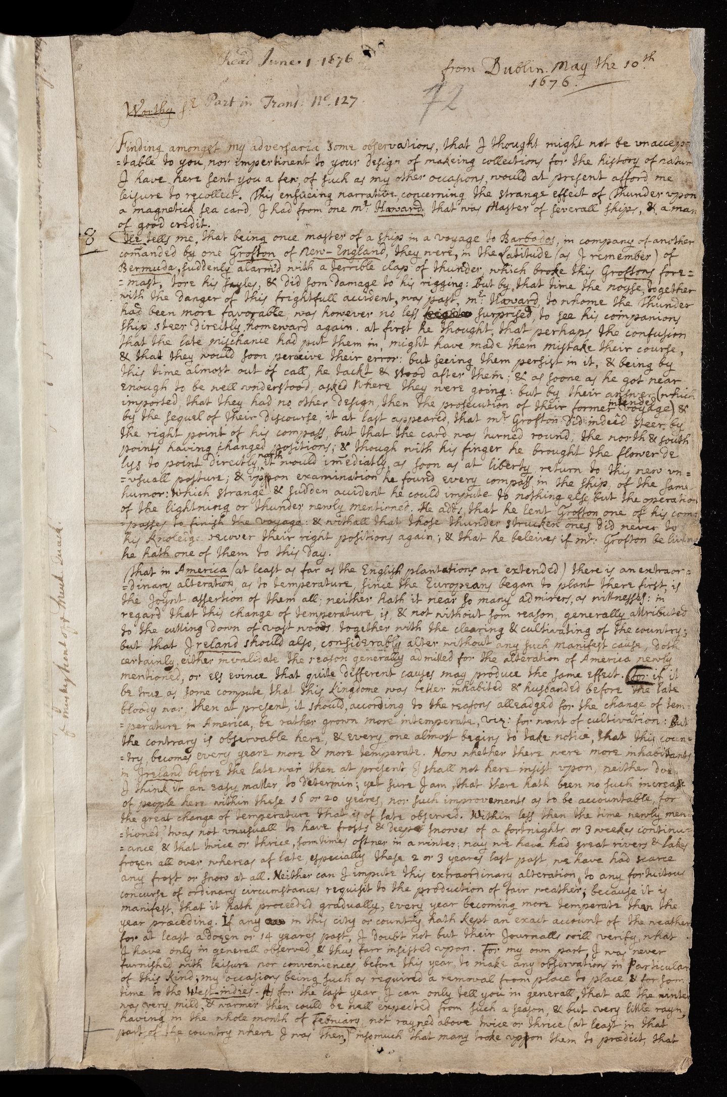 Letter, from Henry Nicholson [to the Royal Society], dated at Dublin ...