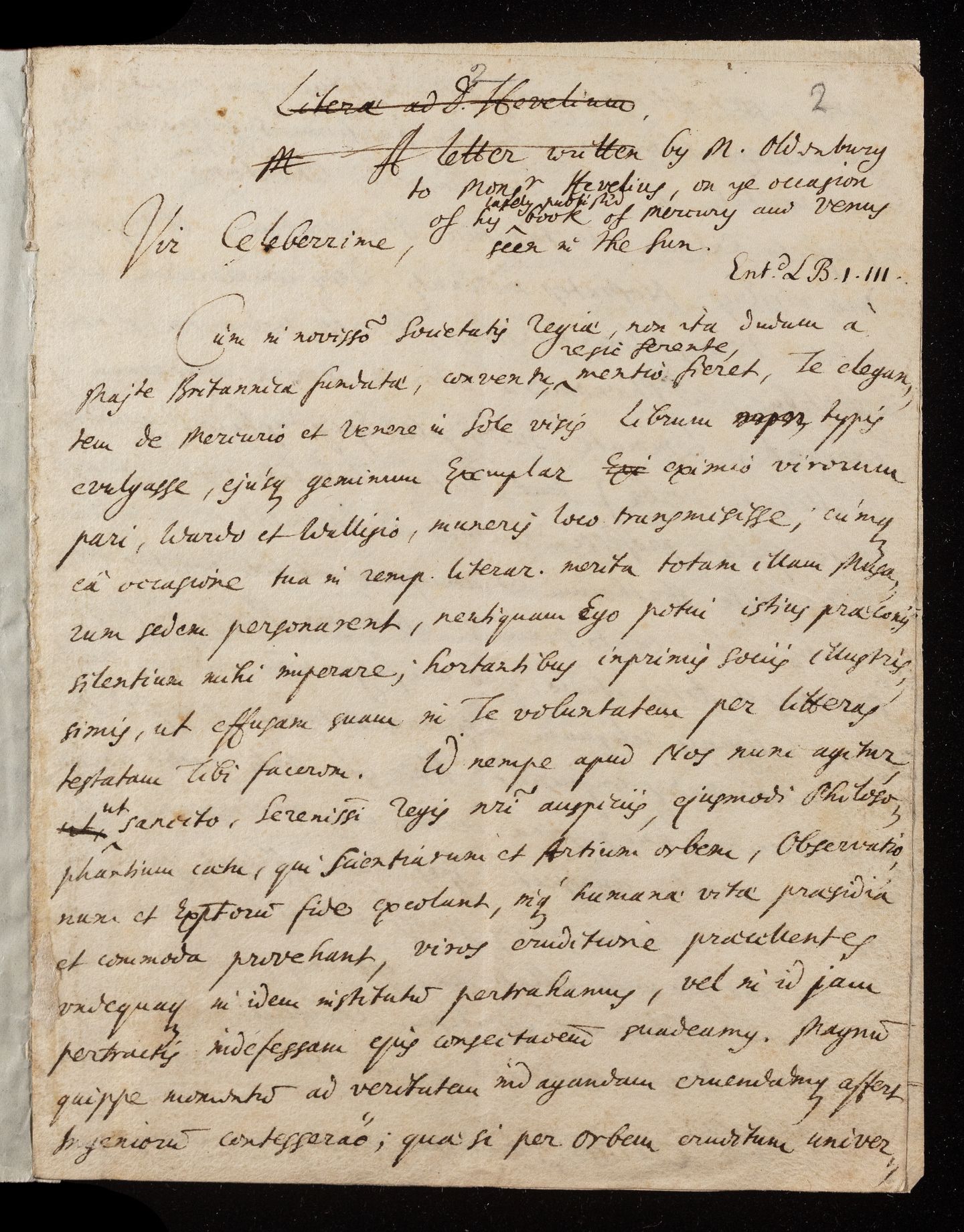 Letter, from Henry Oldenburg to Johannes Hevelius, dated at London ...