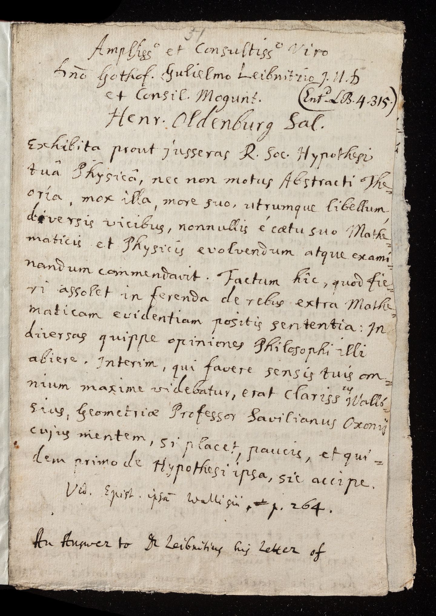 Letter, from Henry Oldenburg to Gottfried Wilhelm Leibniz, dated at ...