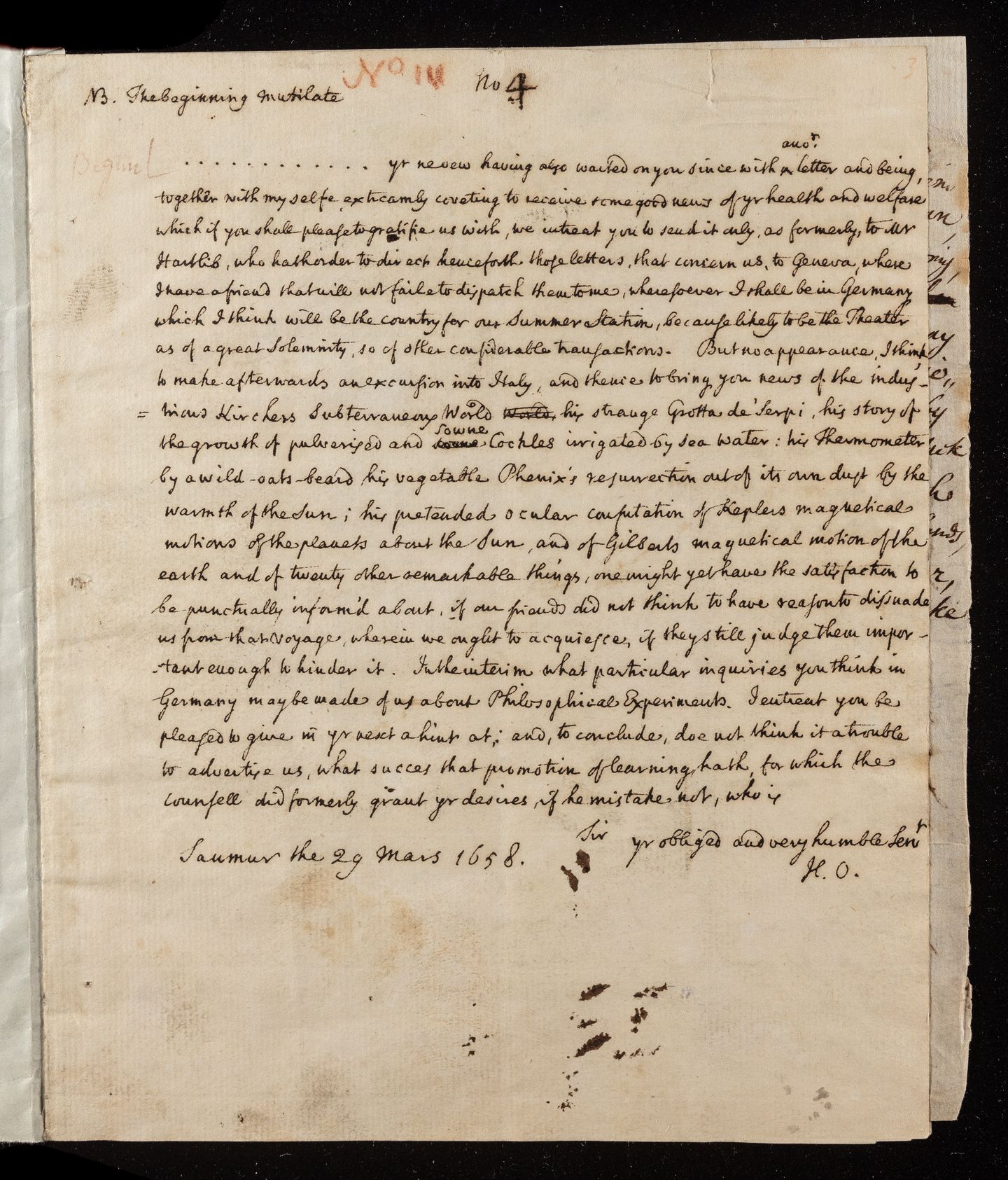 Letter, from Henry Oldenburg to Robert Boyle, dated at Saumur | The ...