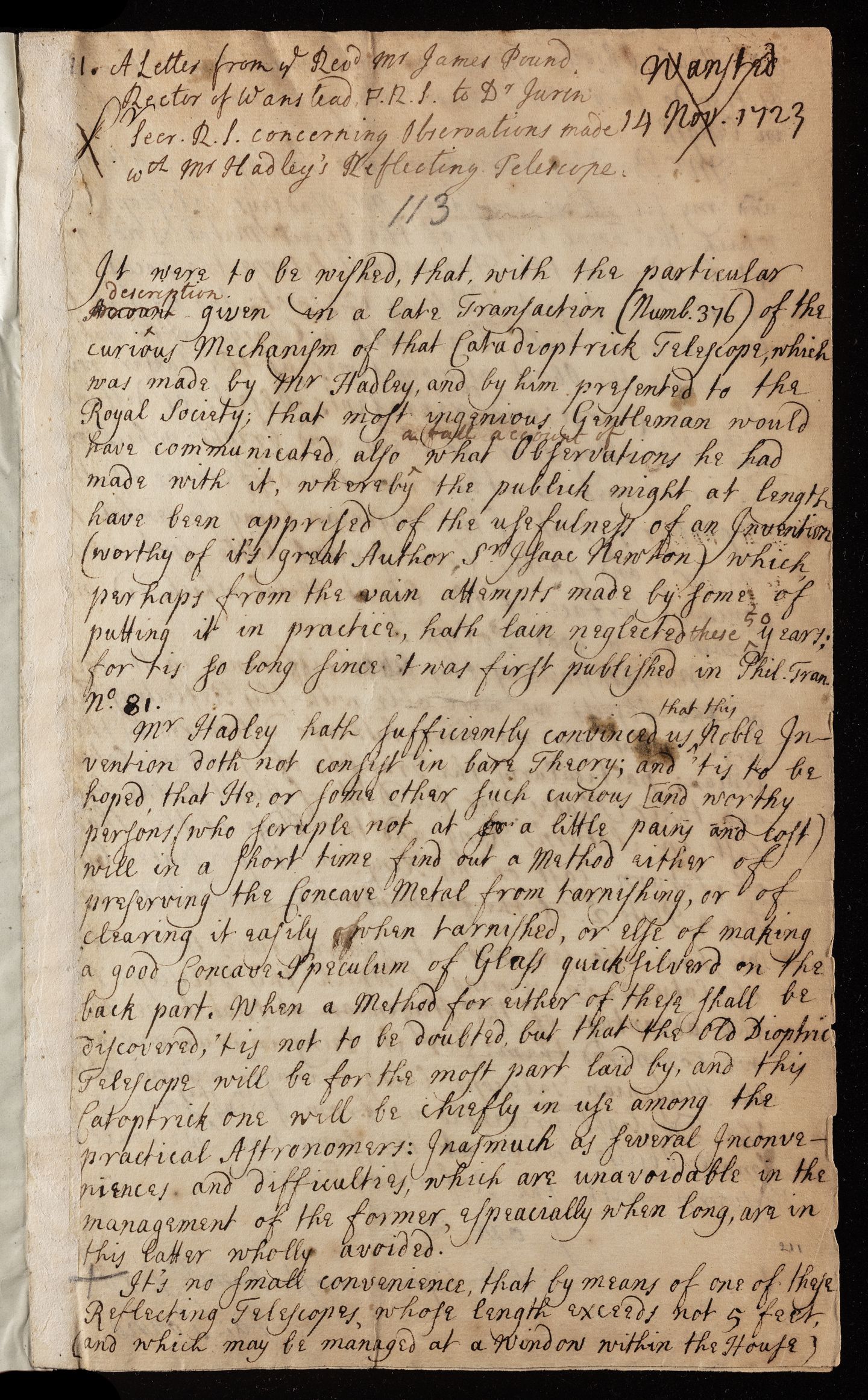 Letter, from Reverend James Pound to James Jurin, dated at Wanstead ...