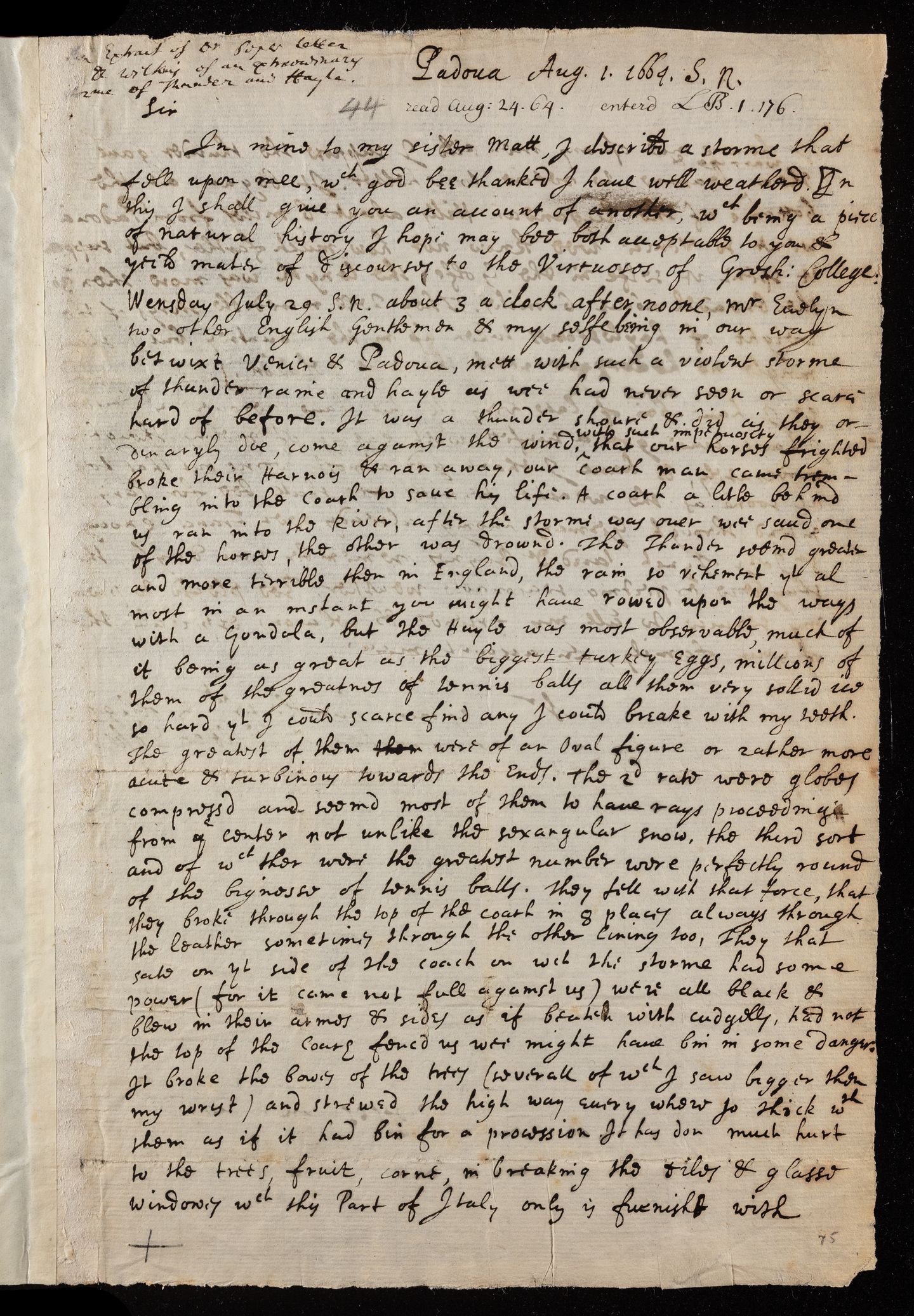 Letter, from Walter Pope to John Wilkins, dated at Padova [Padua] | The ...