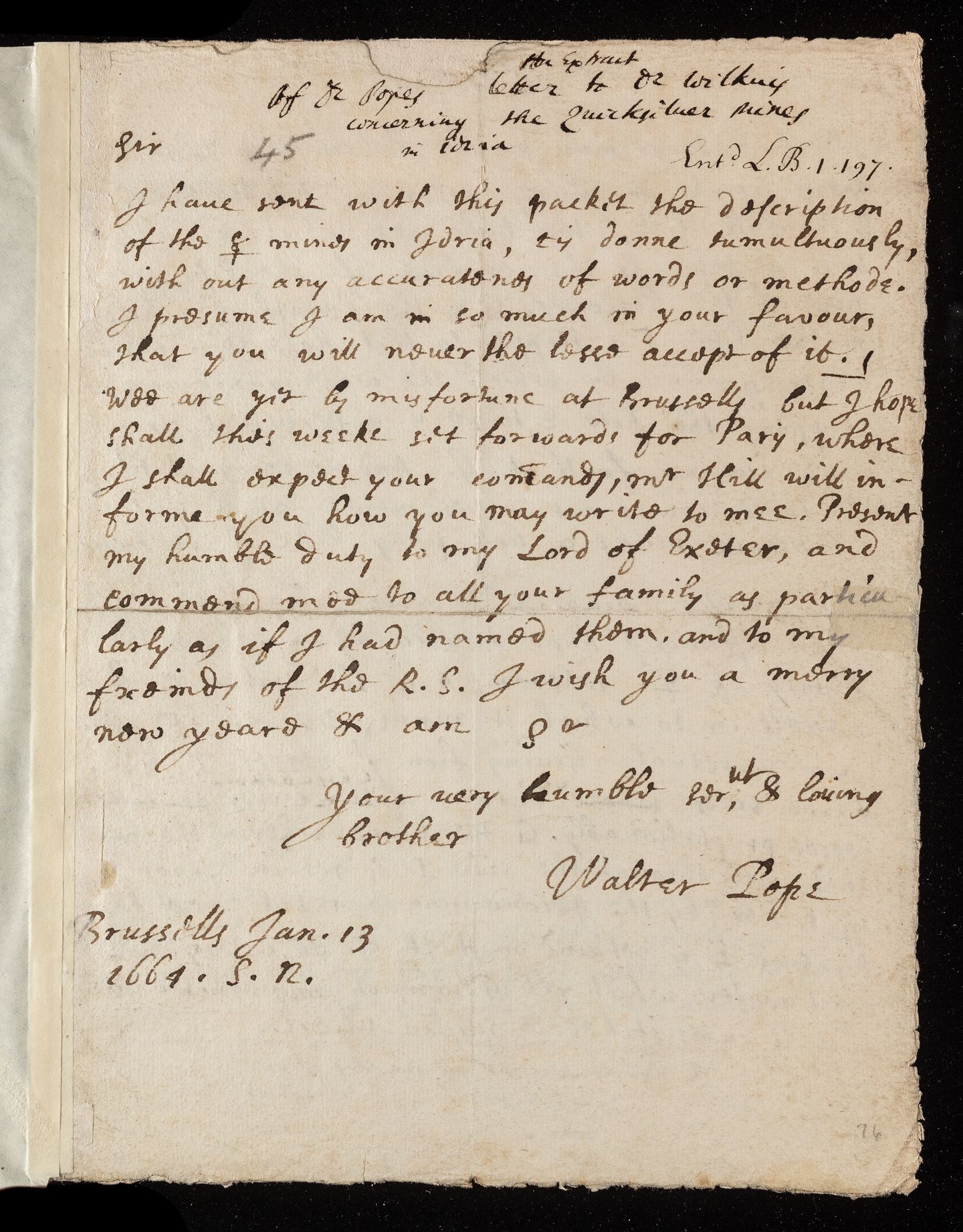 Letter, from Walter Pope to John Wilkins, dated at Brussels | The Royal ...