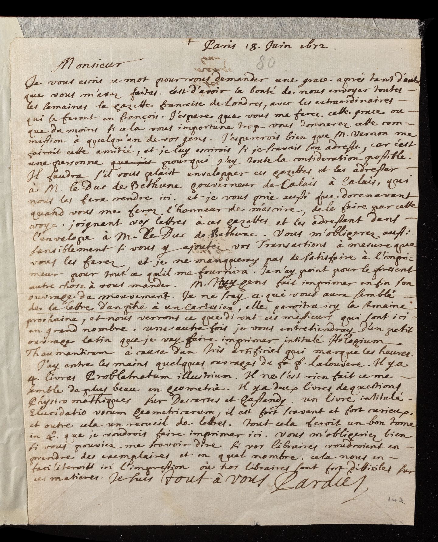 Letter, from Ignatius Pardies to Henry Oldenburg, dated at Paris | The ...