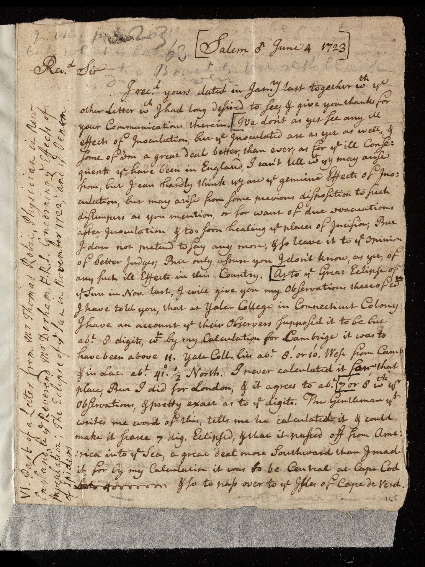 Letter, from Thomas Robie to William Derham, dated at Salem | The Royal ...