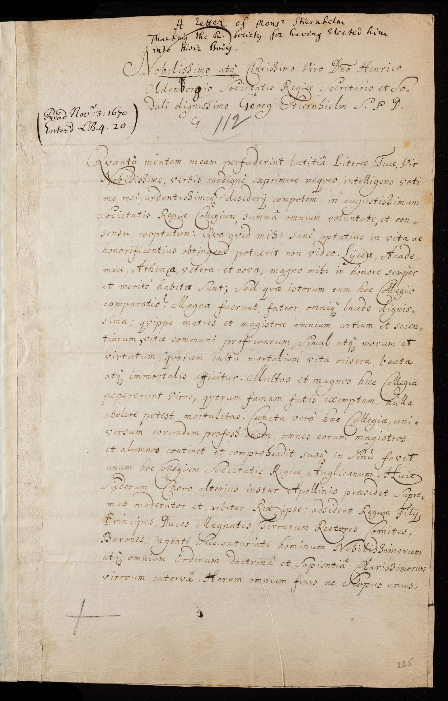 Letter, from Georg Stiernhielm to Henry Oldenburg, dated at Stockholm ...