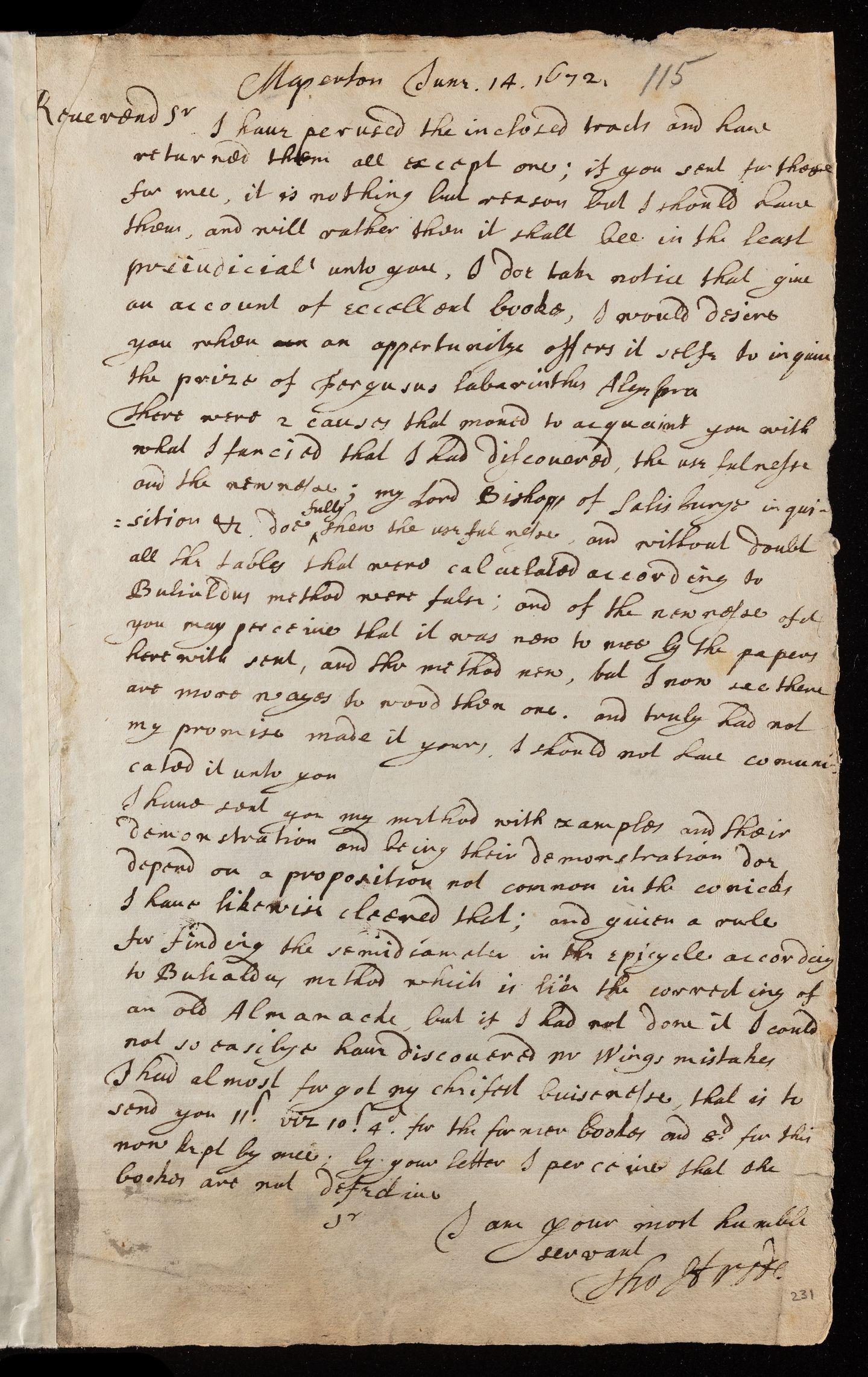 Letter, from Thomas Strode to Henry Oldenburg, dated at Maperton | The ...