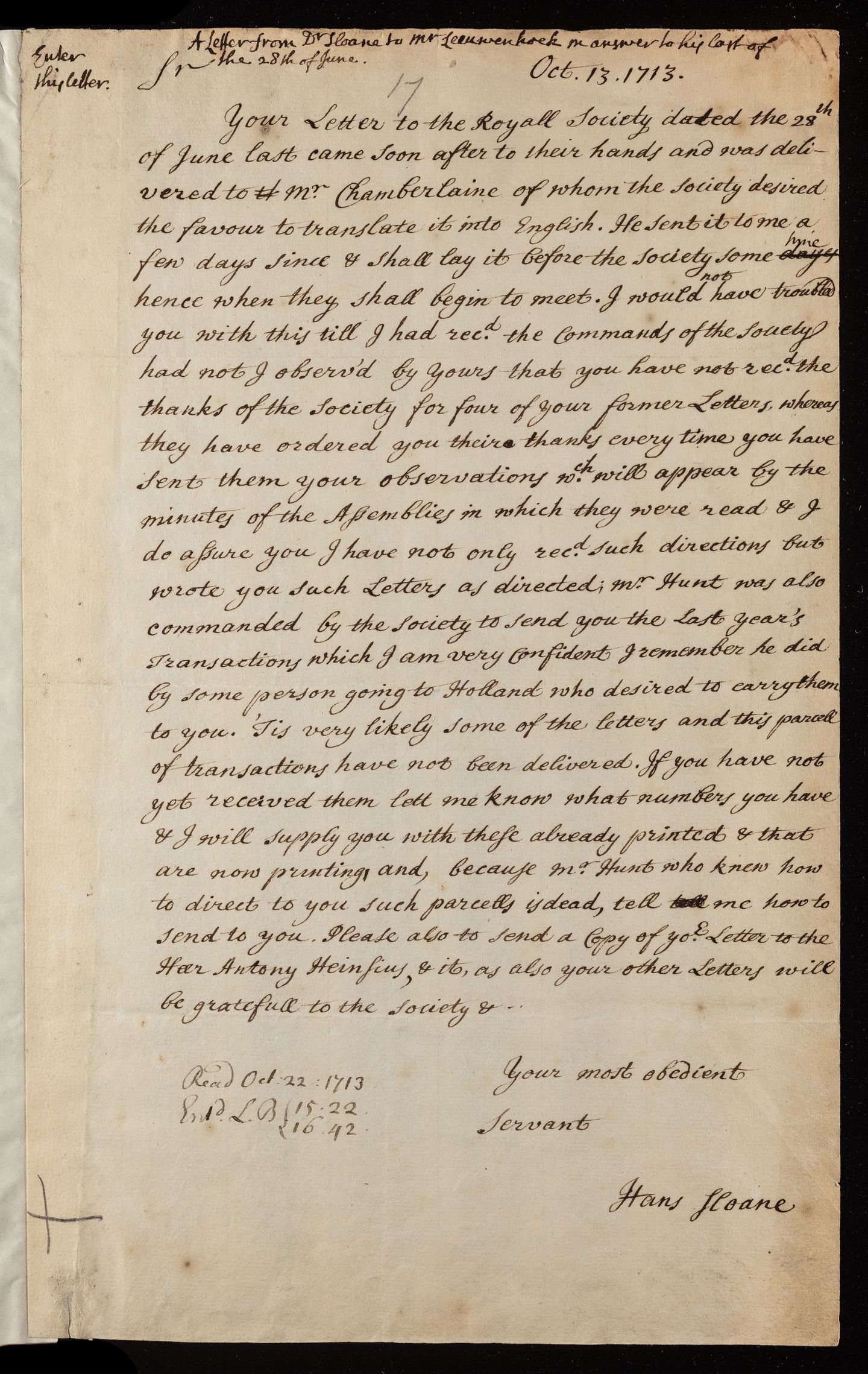 Letter, from Hans Sloane to Antoni van Leeuwenhoek | The Royal Society ...