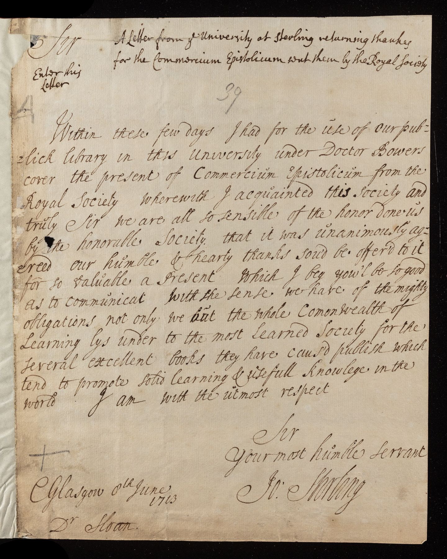 Letter, from John Stirling to Hans Sloane, dated at Glasgow | The Royal ...