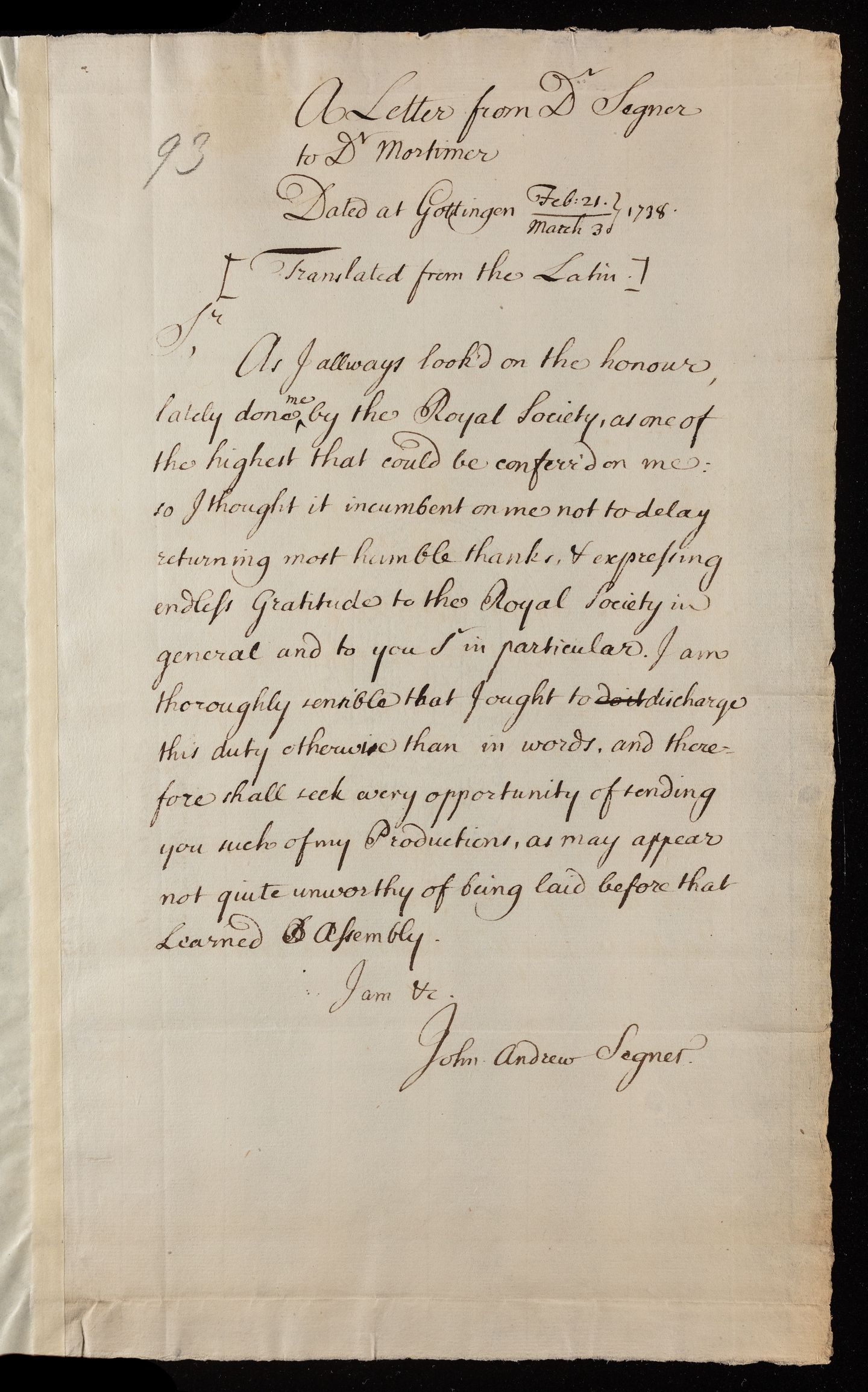 Translation of a letter, from John Andrew Segner to Cromwell Mortimer ...