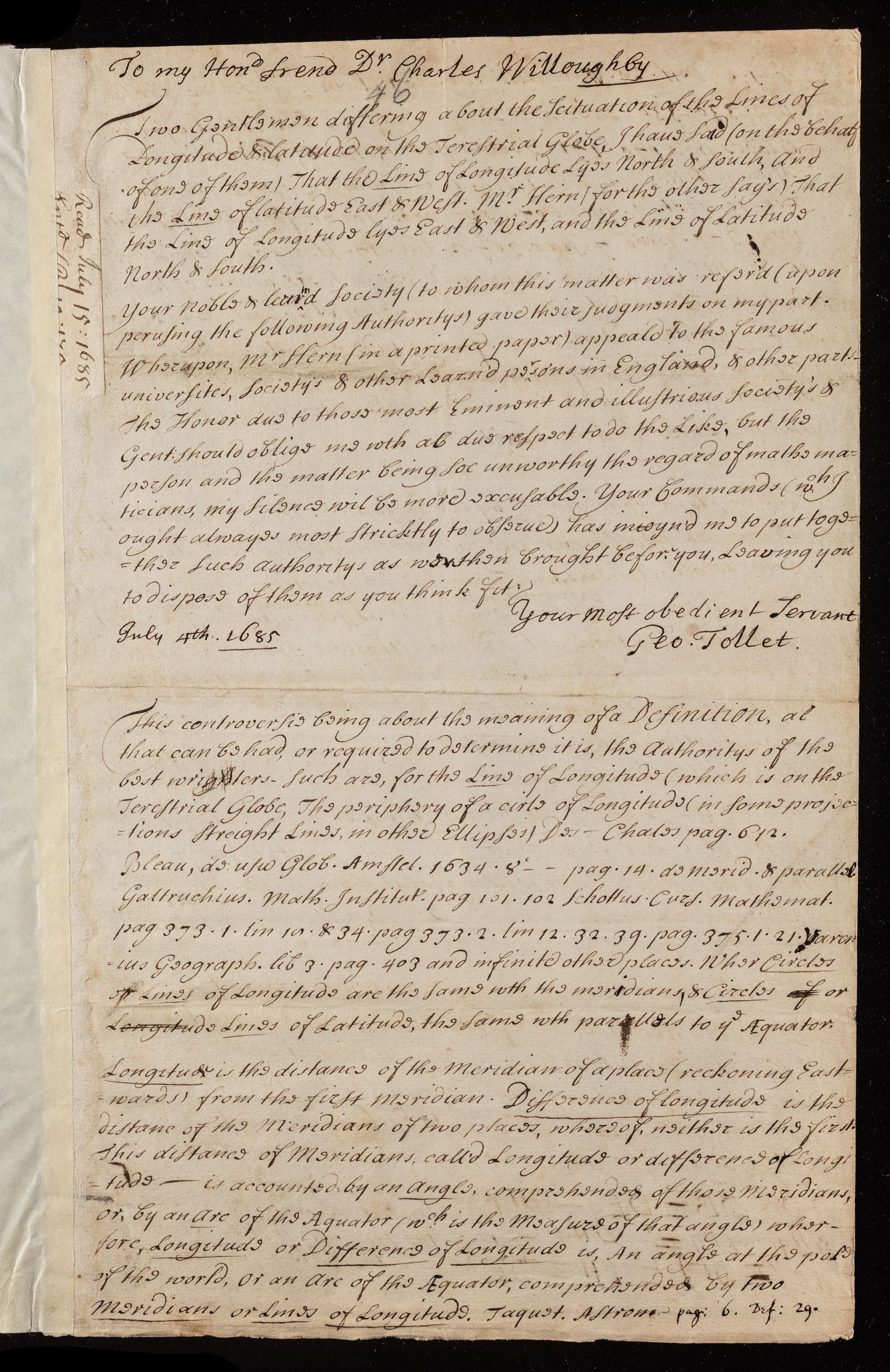 Letter, from George Tollet to Charles Willoughby | The Royal Society ...