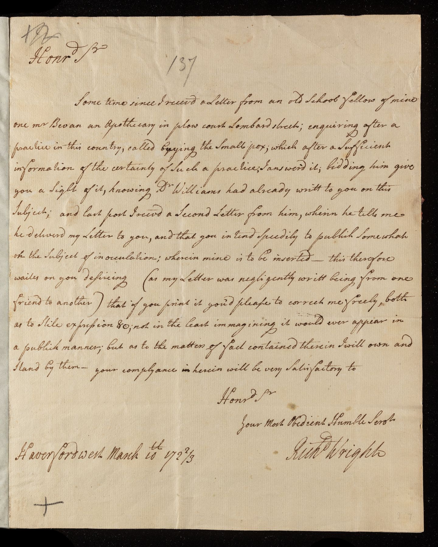 Letter, from Richard Wright to James Jurin, dated at Haverfordwest ...