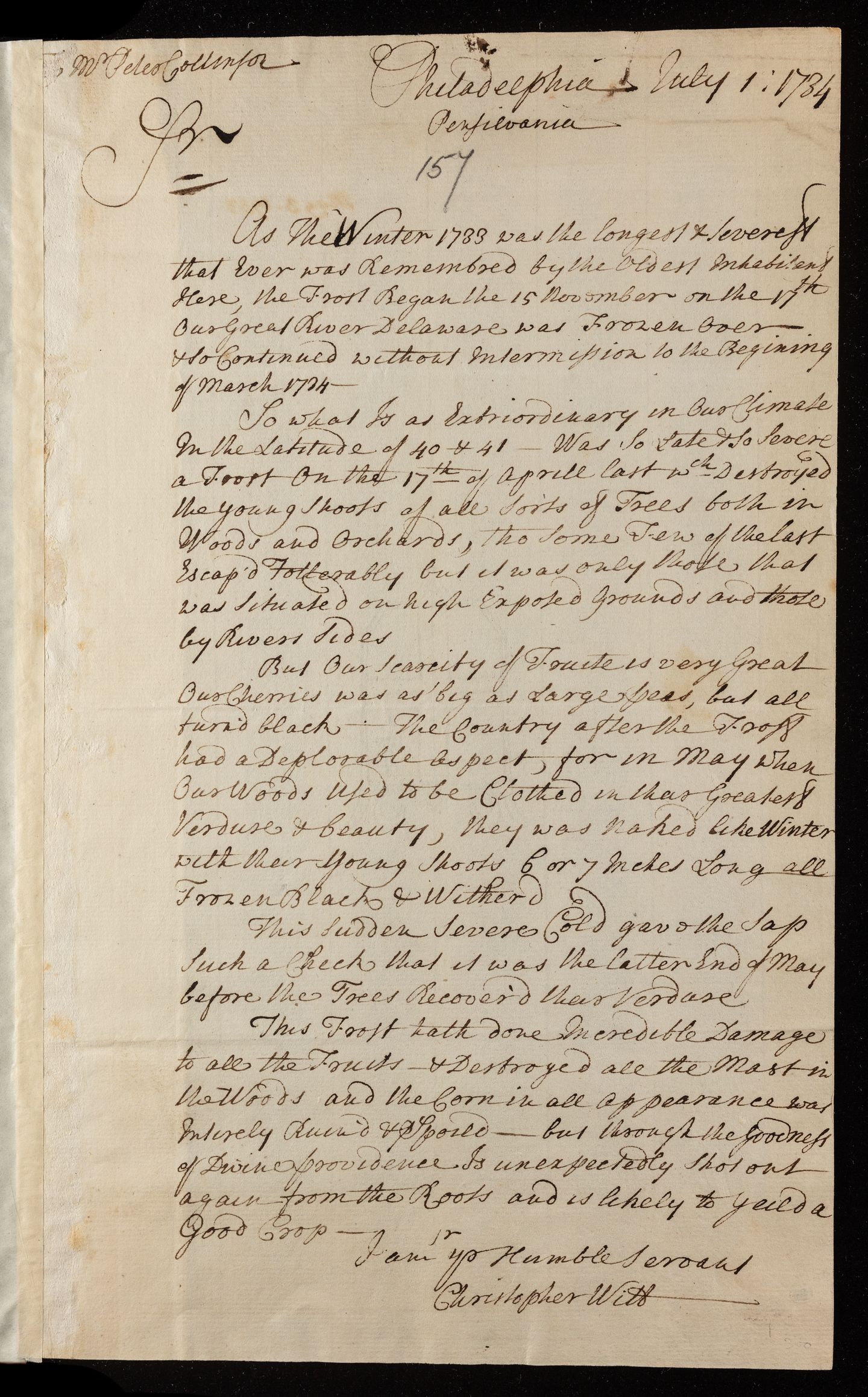 Letter, from Christopher Will to Mr [Peter] Collinson, dated at ...