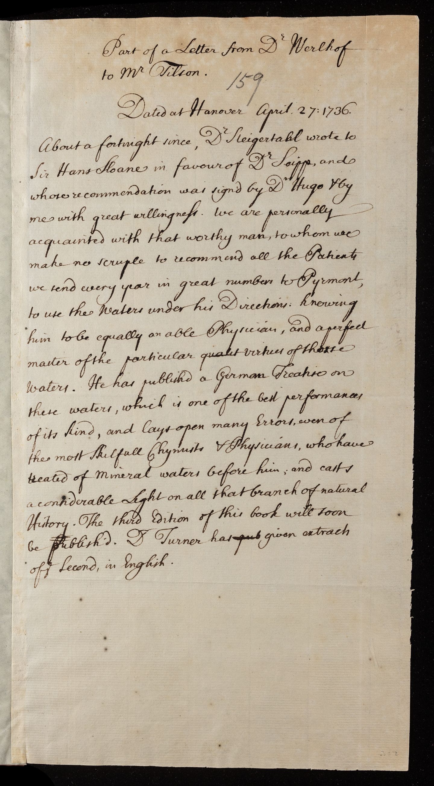 Extract of a letter, from Paul Werlhof to Mr [George] Tilson, dated at ...