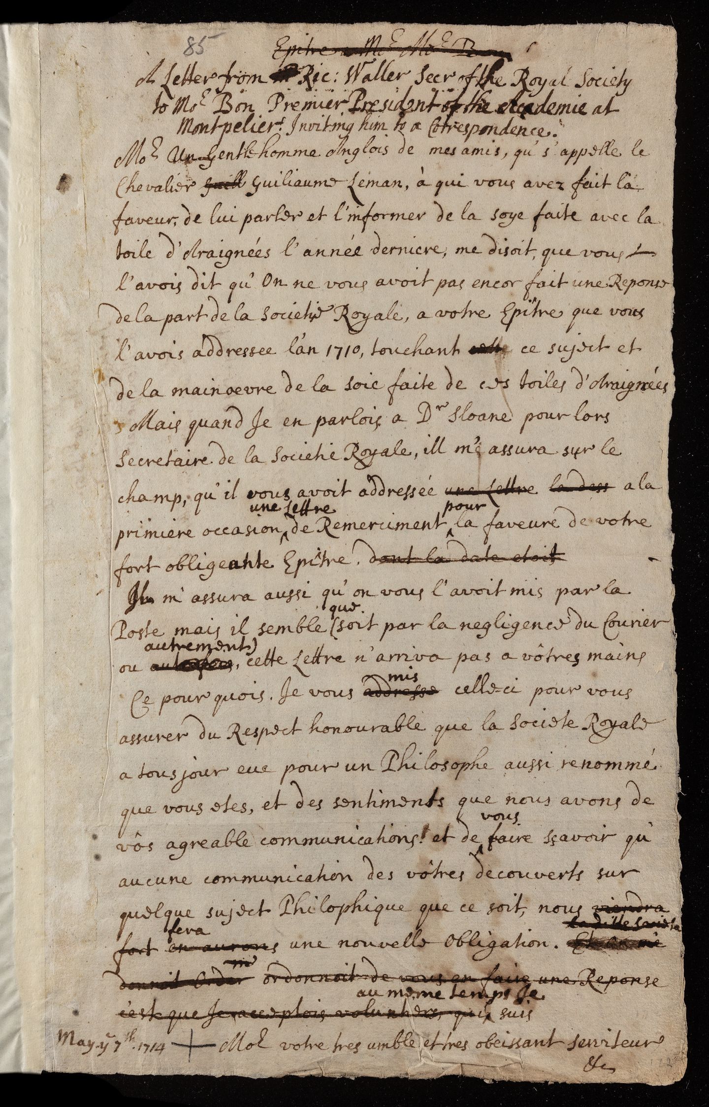 Letter, from Richard Waller to Francois-Xavier Bon | The Royal Society ...