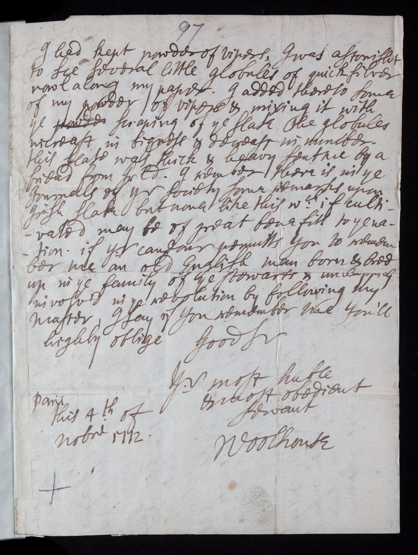 Letter, from John Woolhouse to Mr [Abraham de] Moivre, dated at Paris ...