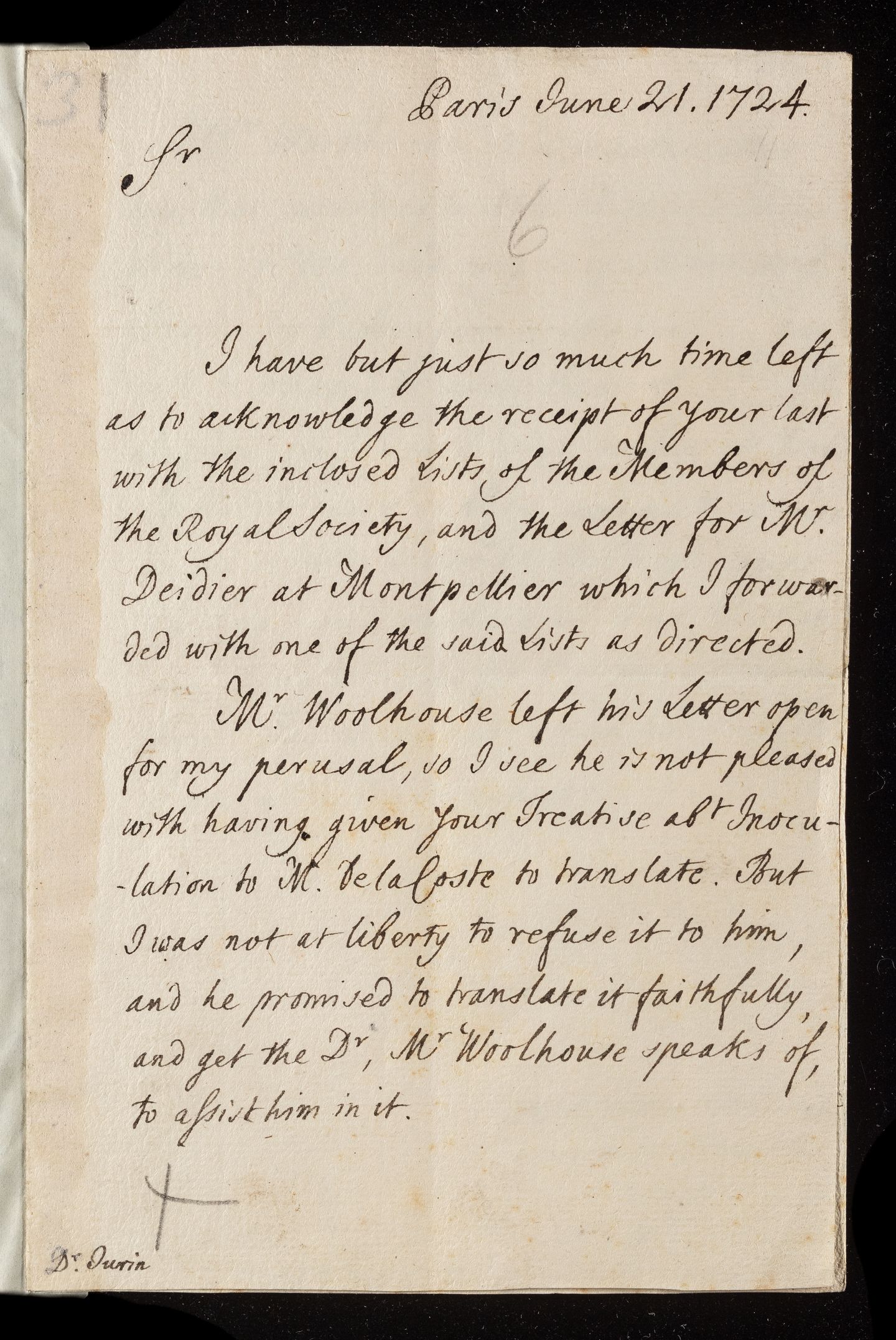 Letter, from Philip Zollman to James Jurin, dated at Paris | The Royal ...