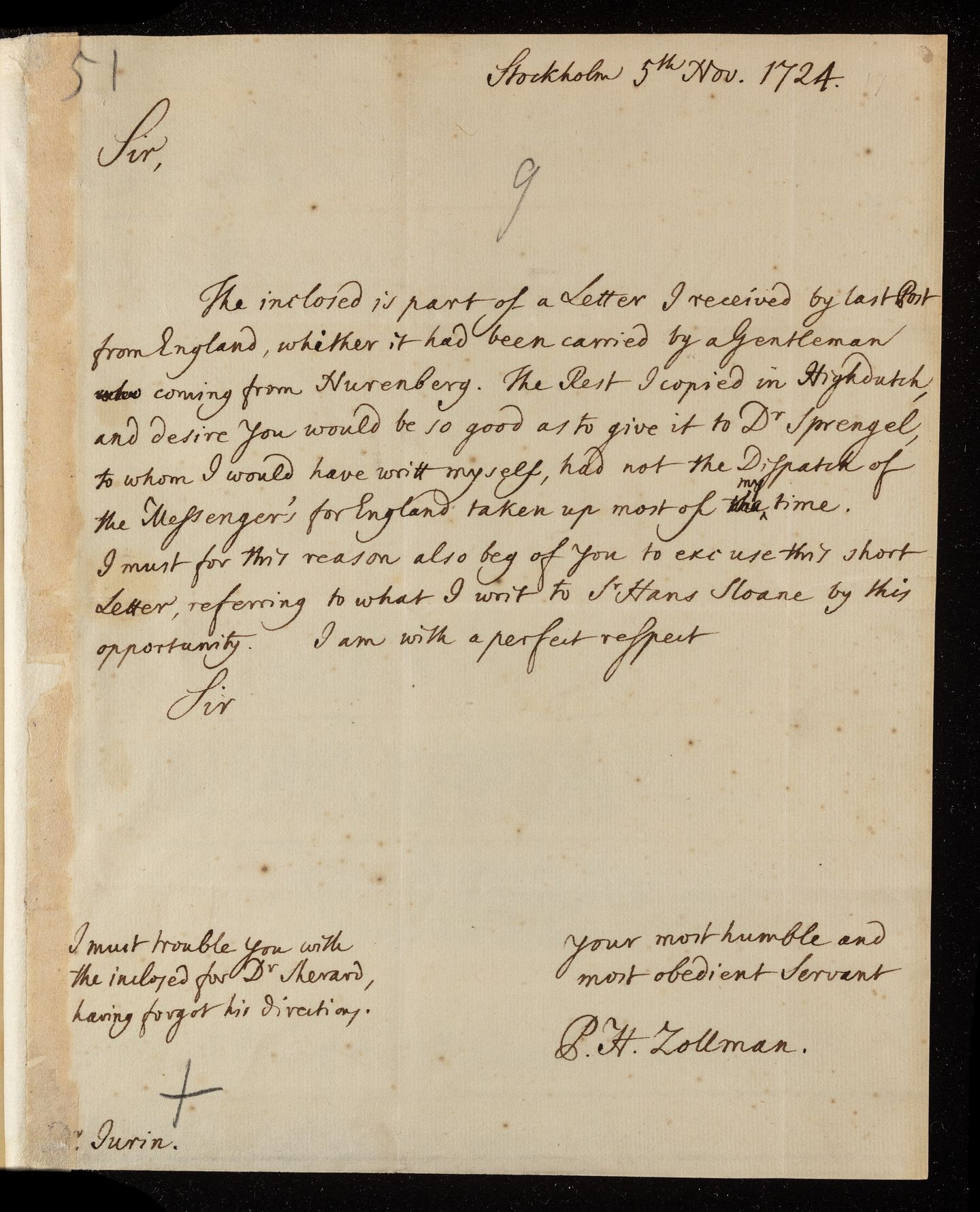 Letter, from Philip Zollman to James Jurin, dated at Stockholm | The ...