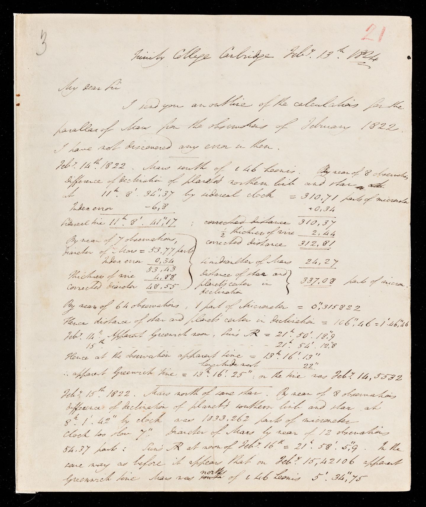 Letter, from George Biddell Airy to James South, dated at Cambridge ...
