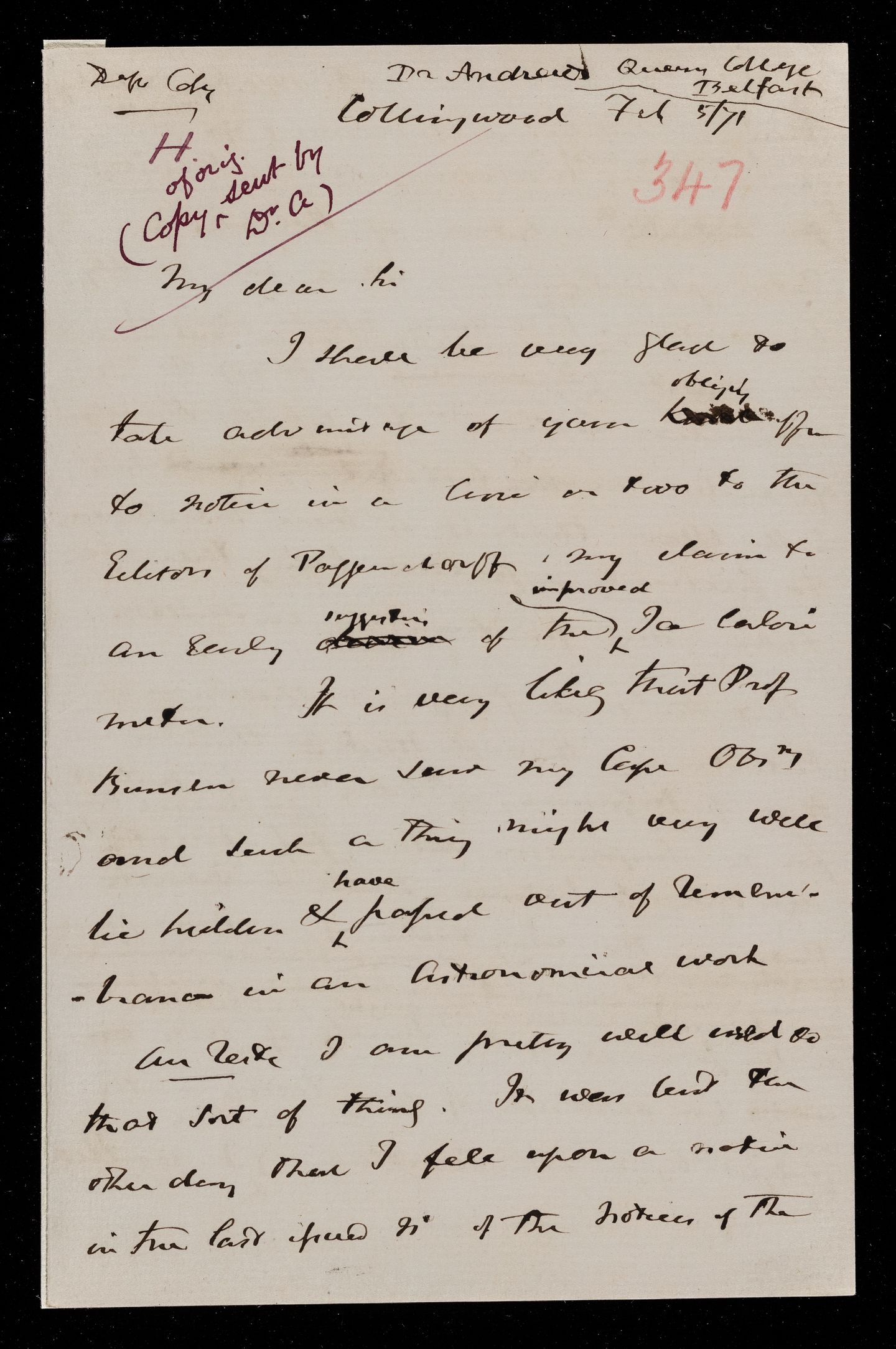 Draft letter, from Sir John Herschel to Thomas Andrews, dated at ...