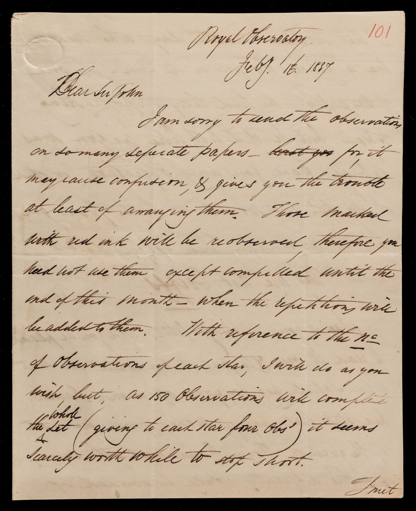 Letter, from Thomas Maclear to Sir John Herschel, dated at Royal ...