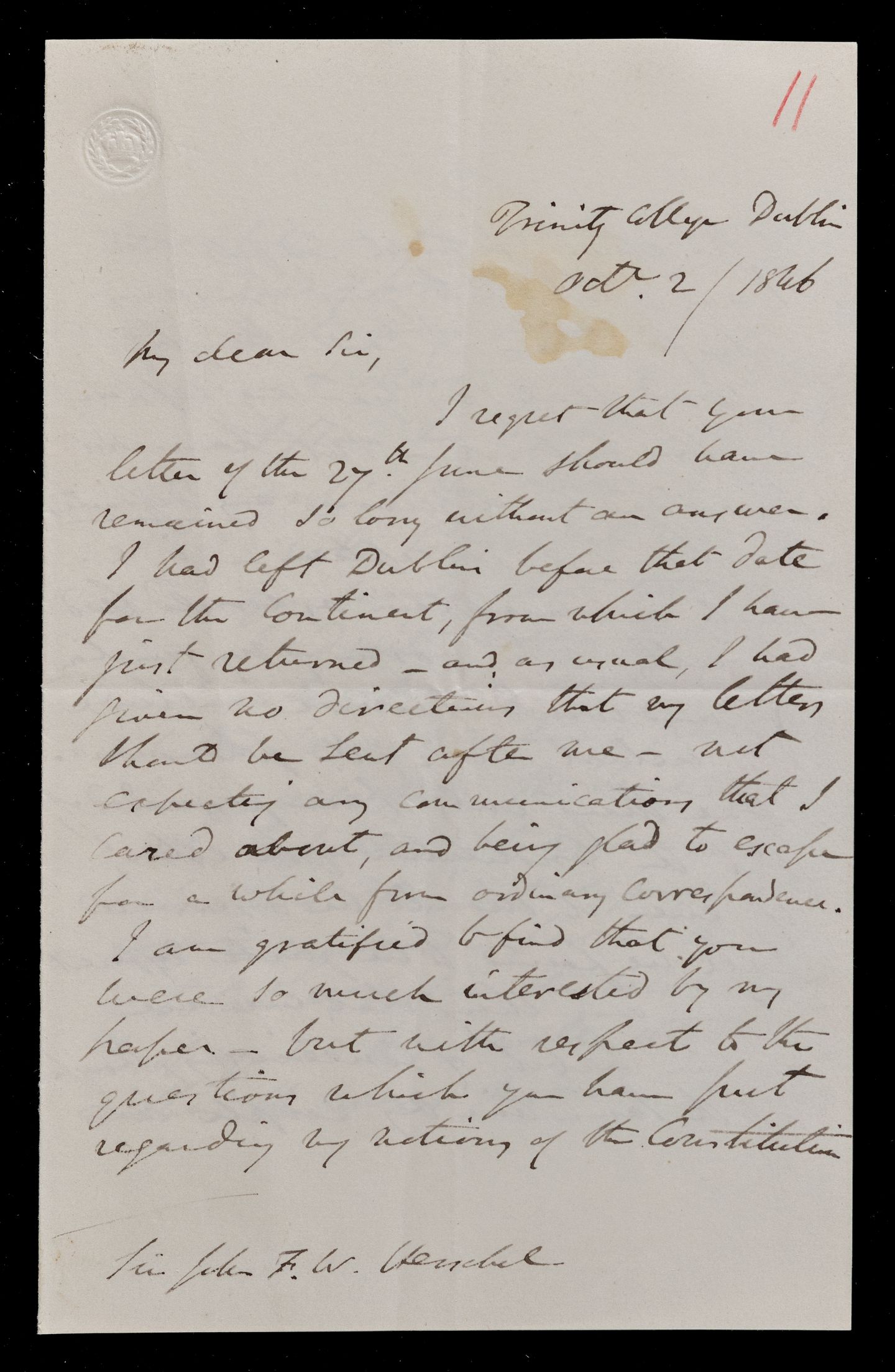 Letter, from James McCullagh to Sir John Herschel, dated at Trinity College Dublin | The Royal ...