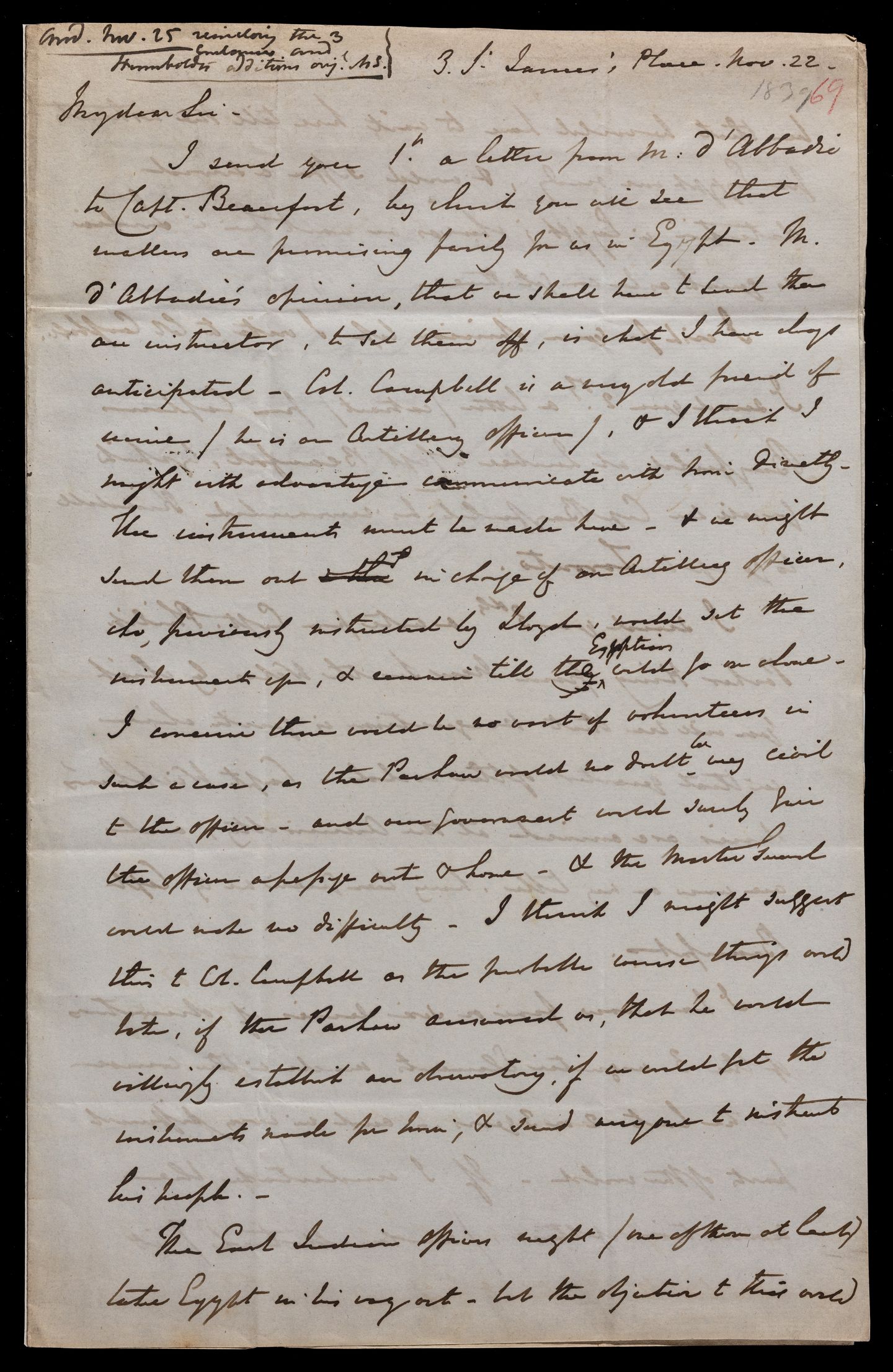 Letter, from Edward Sabine to Sir John Herschel, dated at 3 St. James's ...