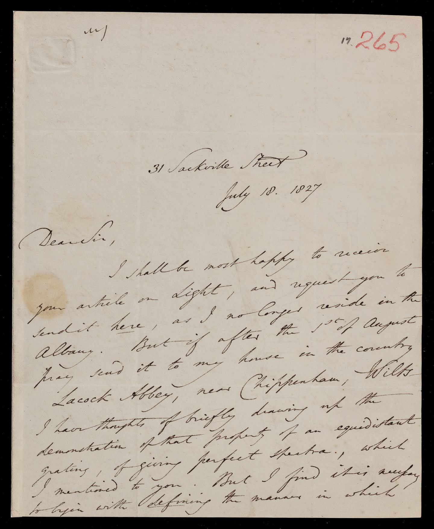 Letter, from William Henry Fox Talbot to Sir John Herschel, dated at 31 ...