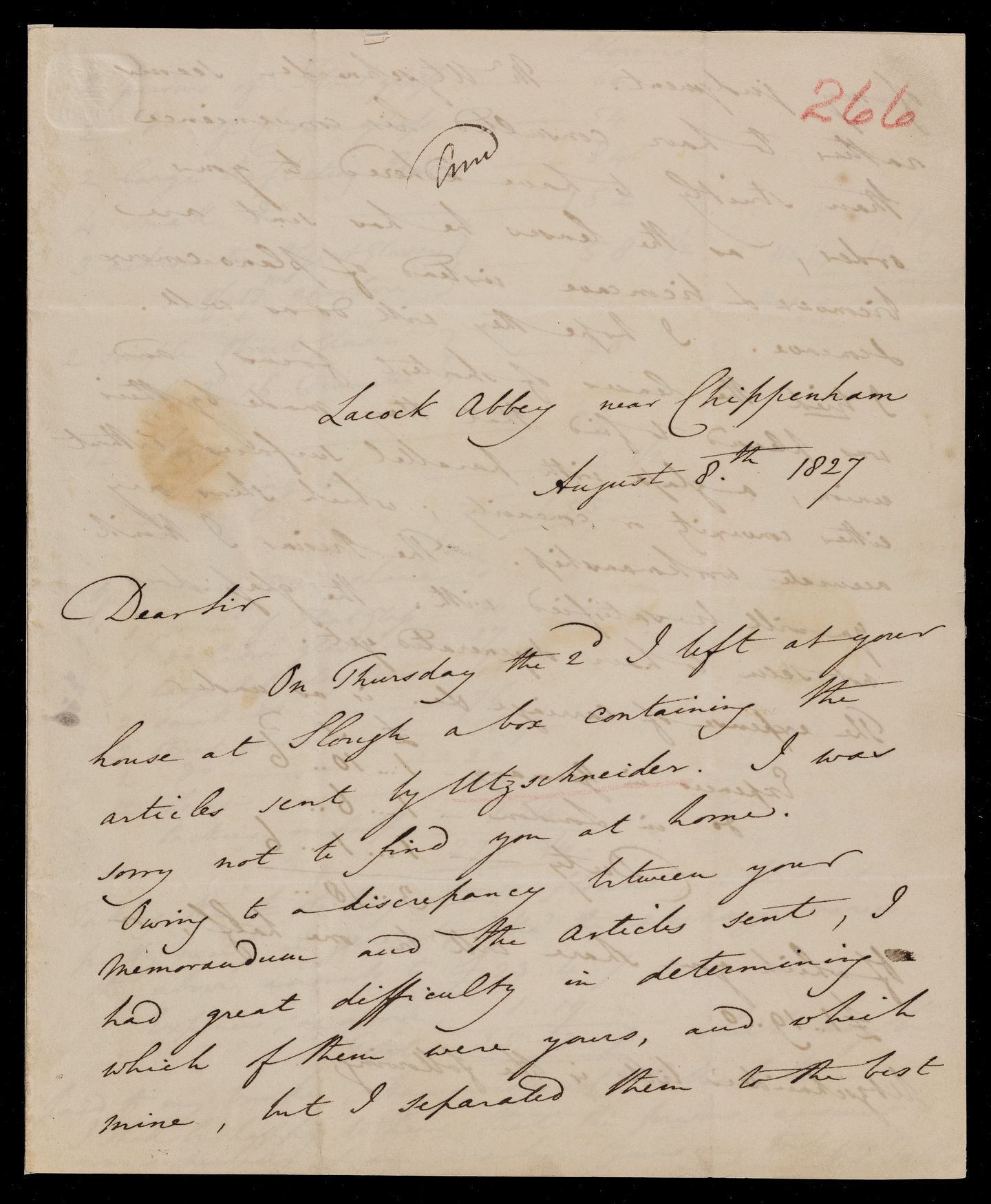 Letter, from William Henry Fox Talbot to Sir John Herschel, dated at ...