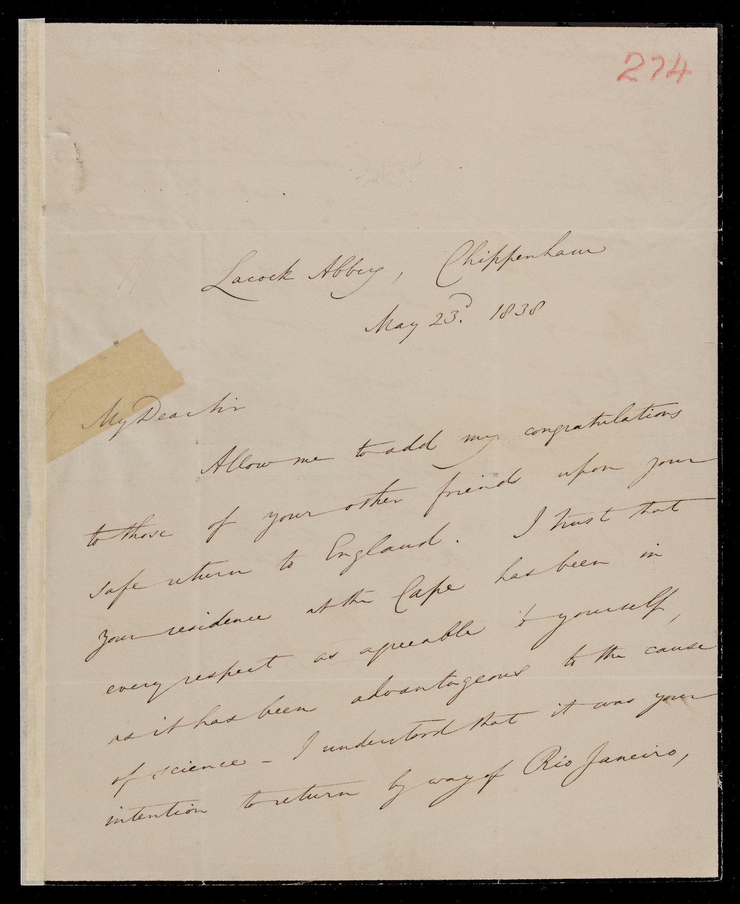 Letter, from William Henry Fox Talbot to Sir John Herschel, dated at ...