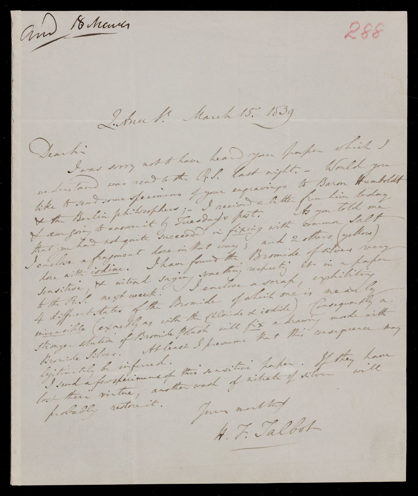 Letter, from William Henry Fox Talbot to Sir John Herschel, dated at 44 ...