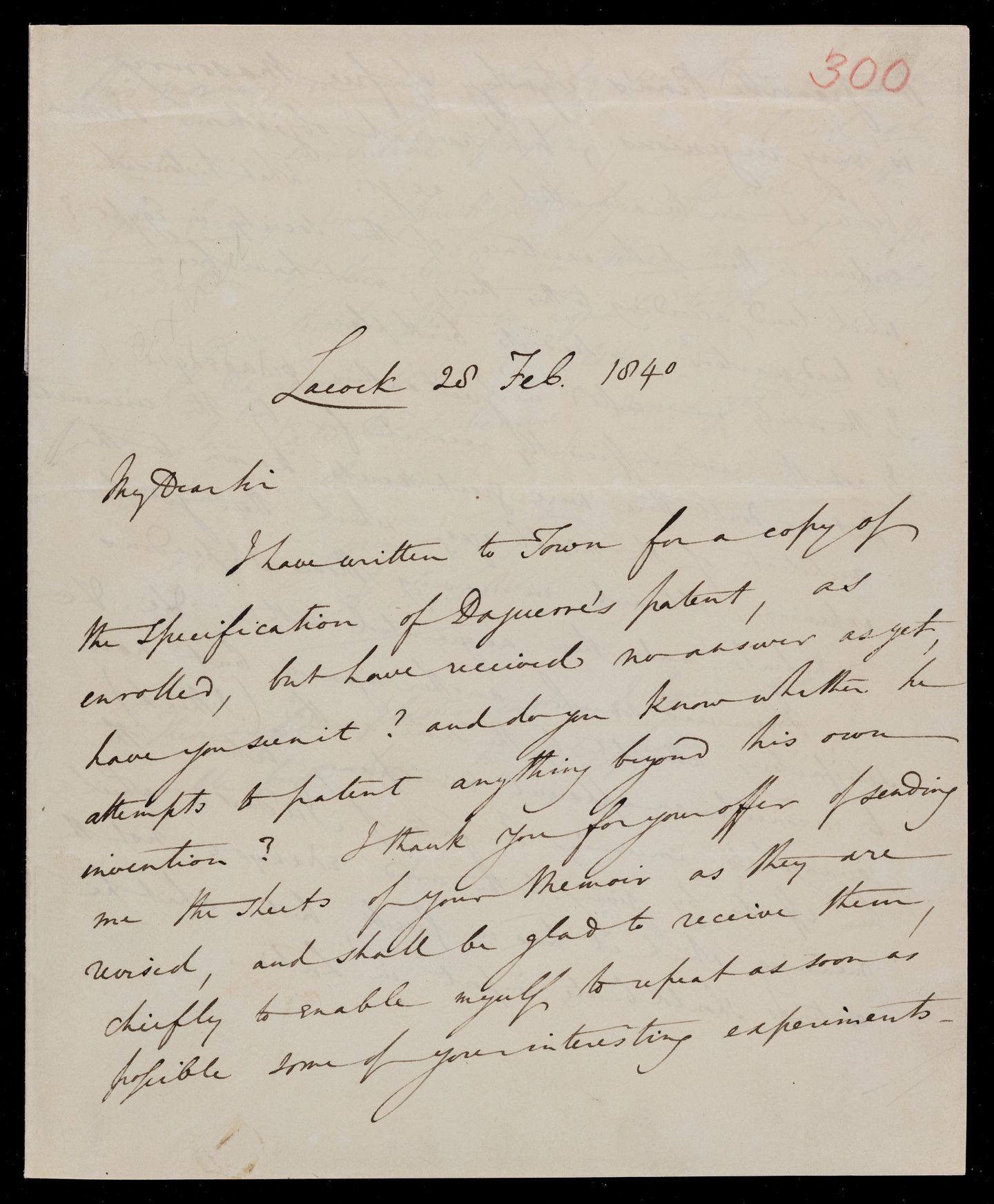 Letter, from William Henry Fox Talbot to Sir John Herschel, dated at ...