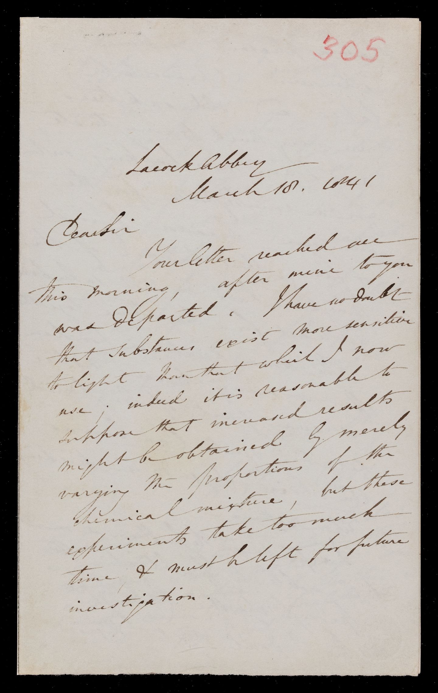 Letter, from William Henry Fox Talbot to Sir John Herschel, dated at ...