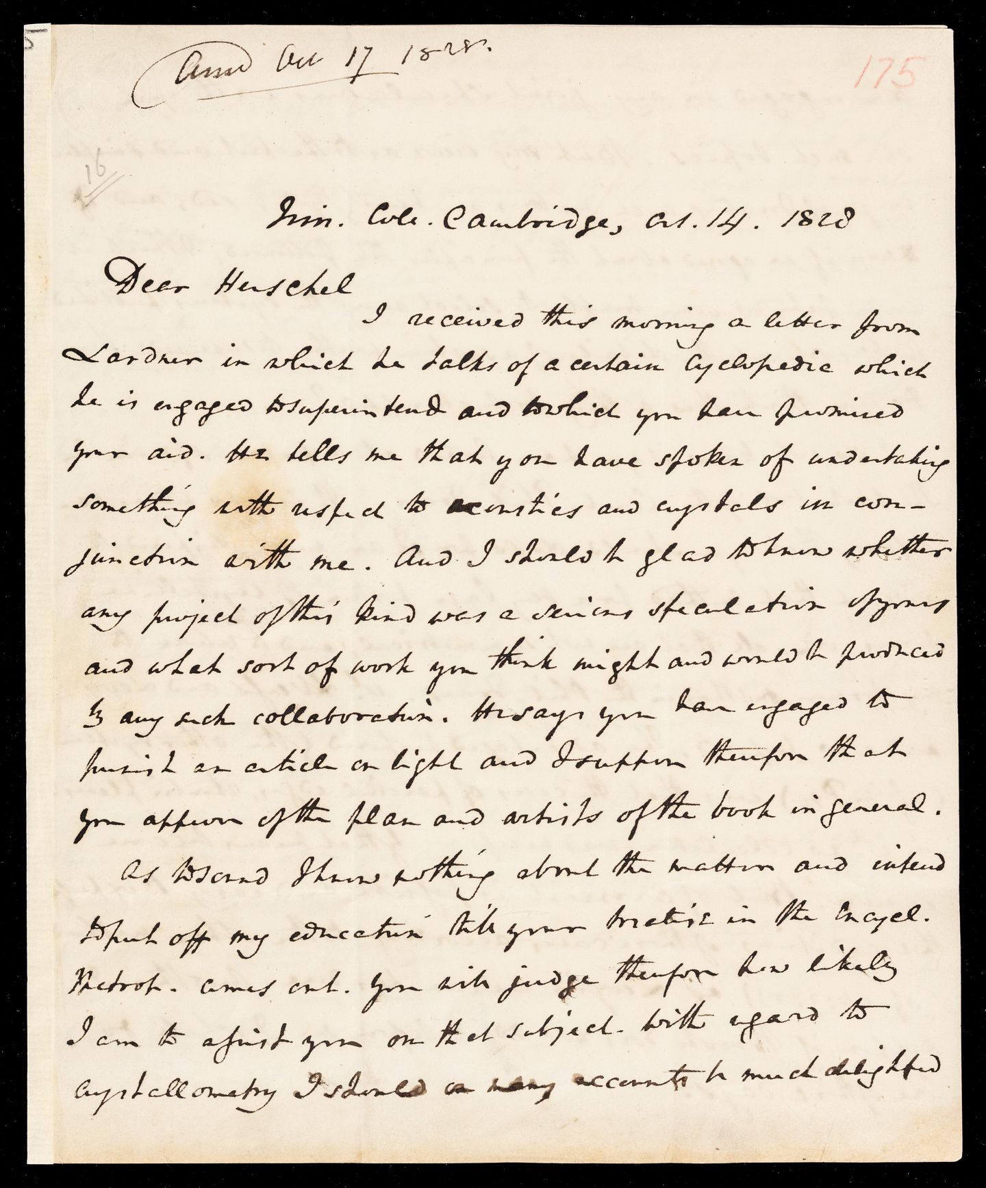 Letter, from William Whewell to Sir John Herschel, dated at Trinity College | The Royal Society ...