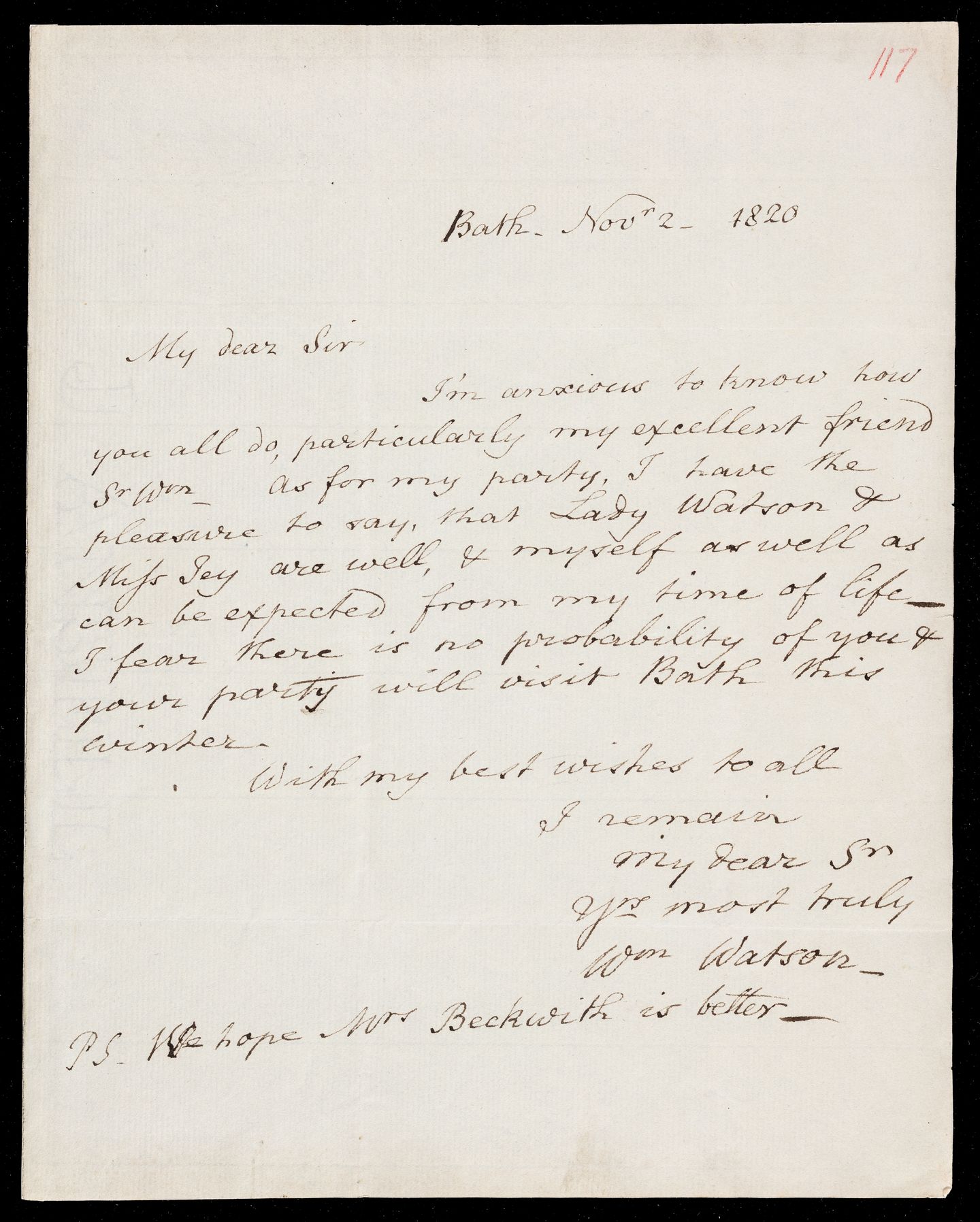 Letter, from Sir William Watson to Sir John Herschel, dated at Bath | The Royal Society: Science ...