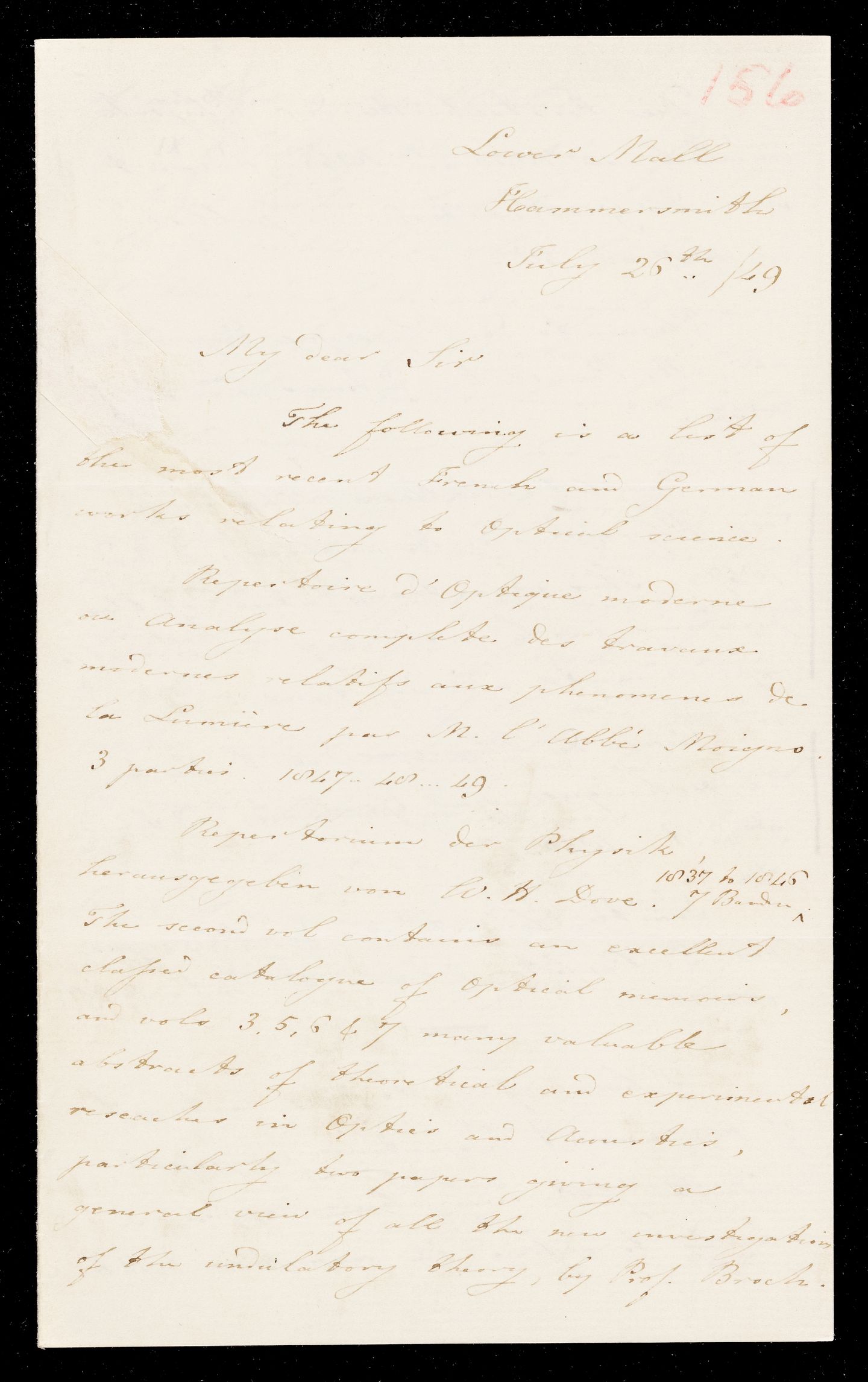 Letter, from Charles Wheatstone to Sir John Herschel, dated at Lower Mall, Hammersmith | The ...