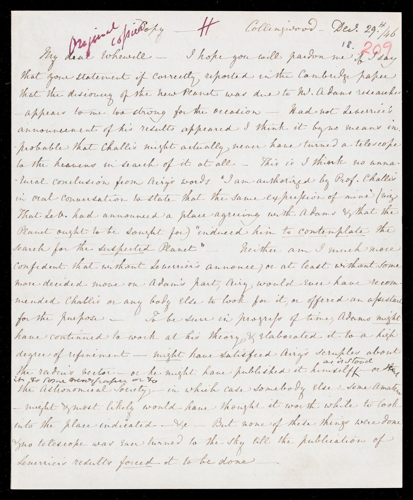Copy letter, from Sir John Herschel to William Whewell, dated at Collingwood | The Royal Society ...