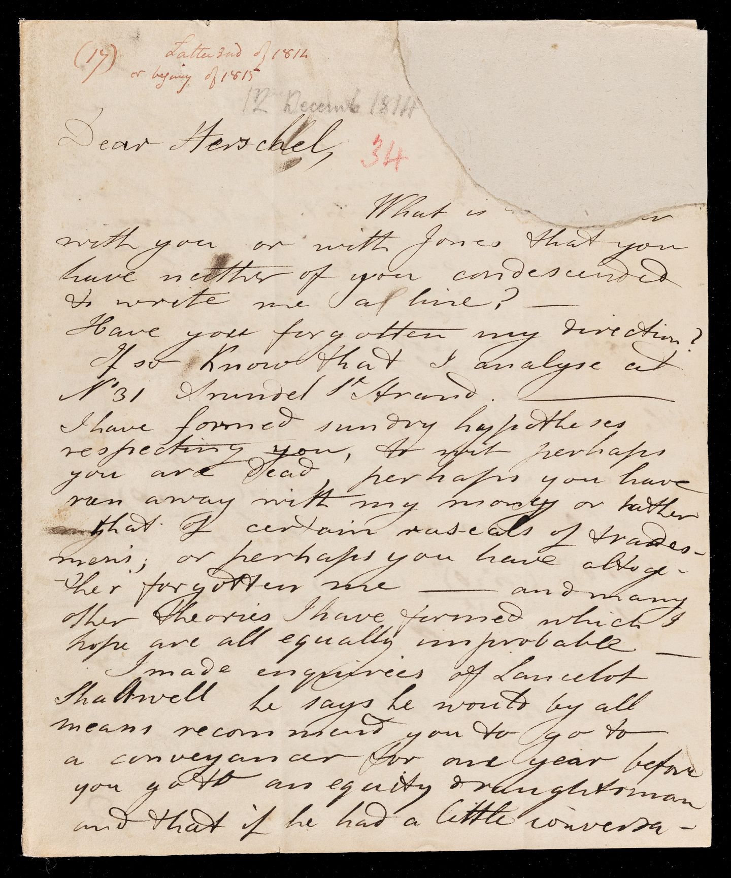 Letter, from Charles Babbage to Sir John Herschel, dated at Arundel St. | The Royal Society ...
