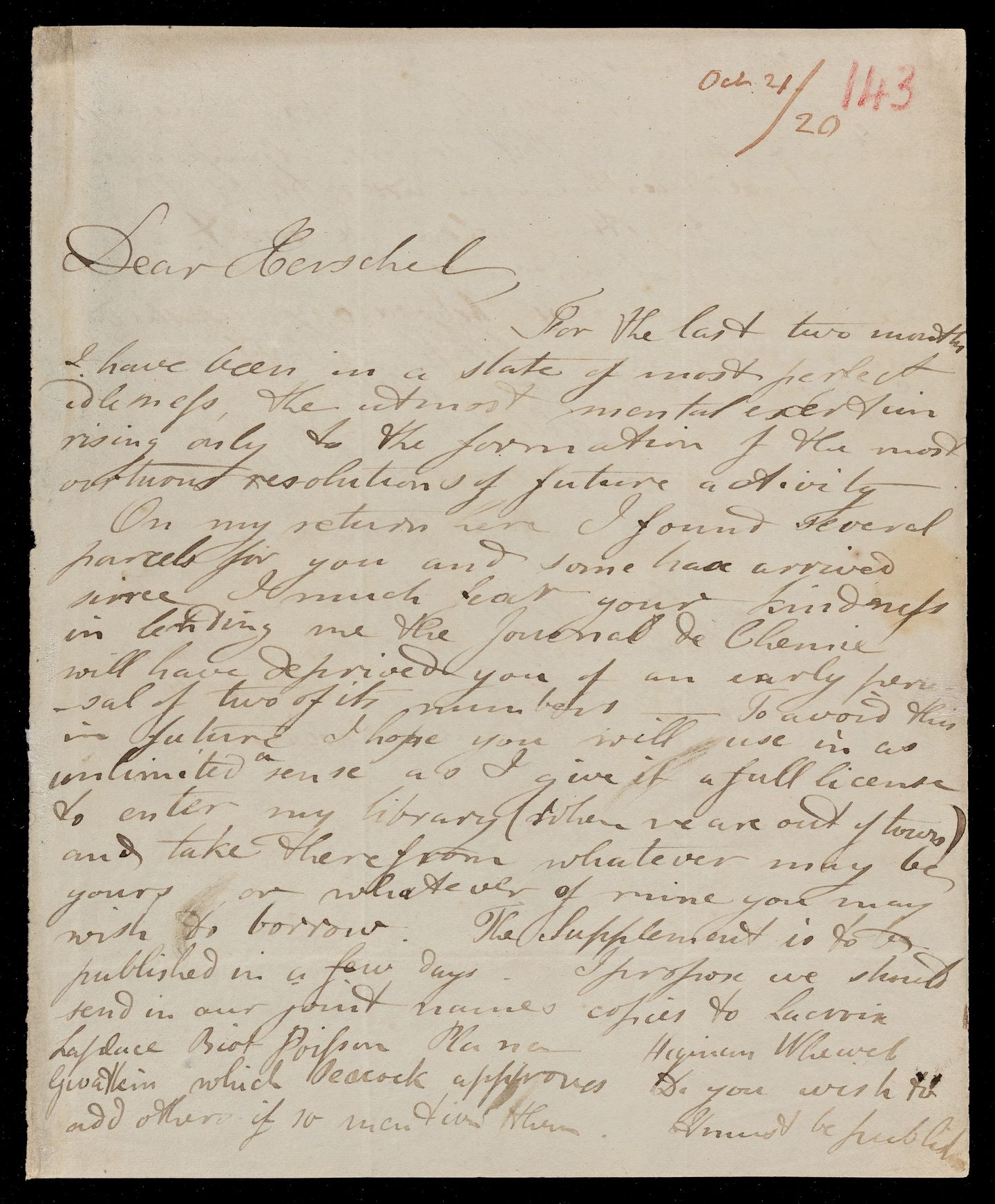 Letter, from Charles Babbage to Sir John Herschel, dated at Devonshire St. | The Royal Society ...