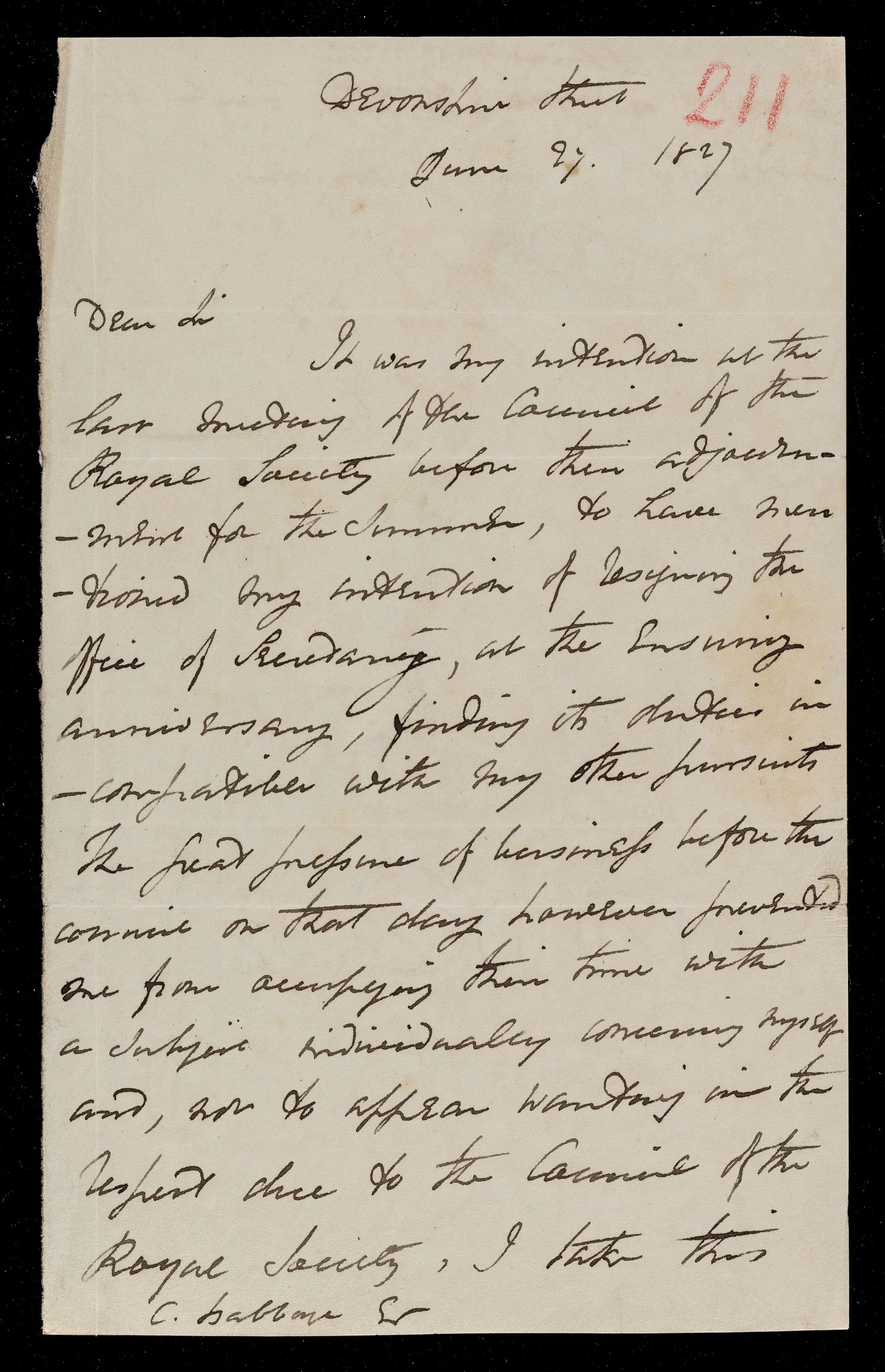 Letter, from Sir John Herschel to Charles Babbage, dated at Devonshire ...