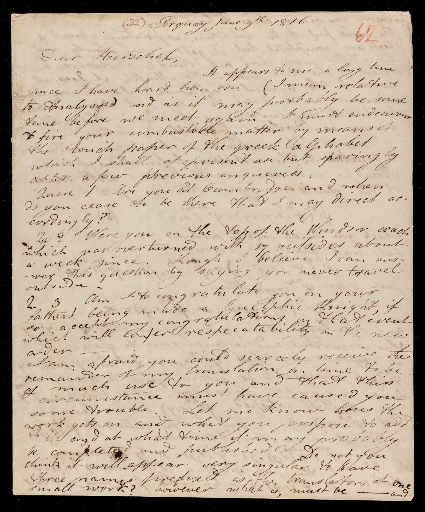 Letter, from Charles Babbage to Sir John Herschel, dated at Torquay | The Royal Society: Science ...