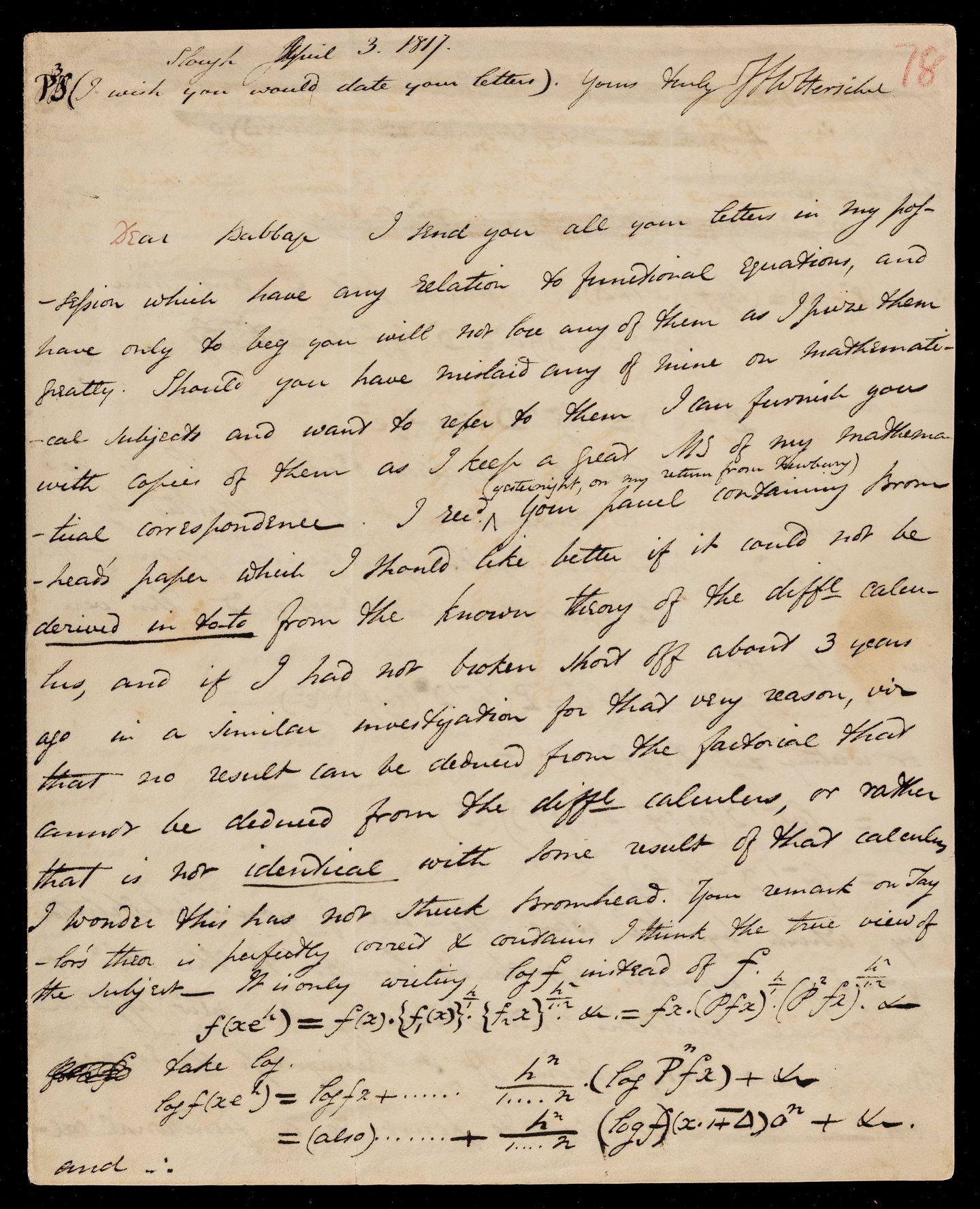 Letter, from Sir John Herschel to Charles Babbage, dated at Slough | The Royal Society: Science ...