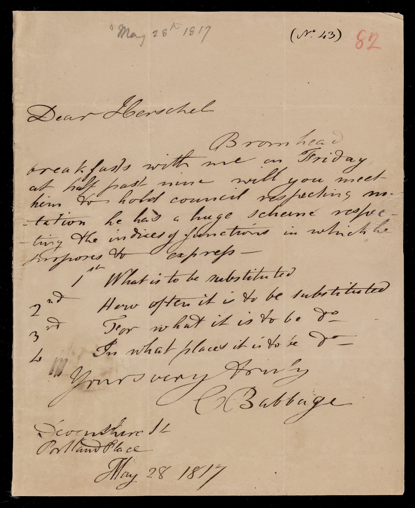 Letter, from Charles Babbage to Sir John Herschel, dated at Devonshire St. | The Royal Society ...