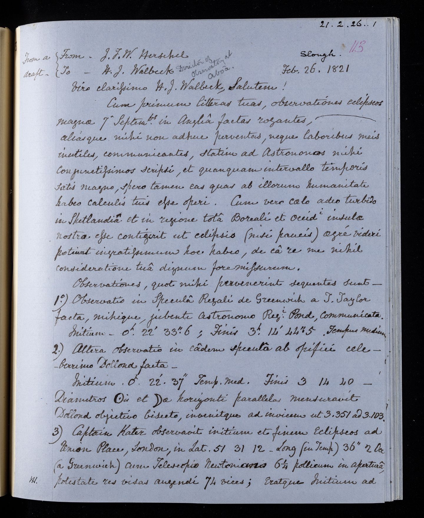 Copy letter, from Sir John Herschel to Henrik Johan Walbeck, dated at Slough | The Royal Society ...