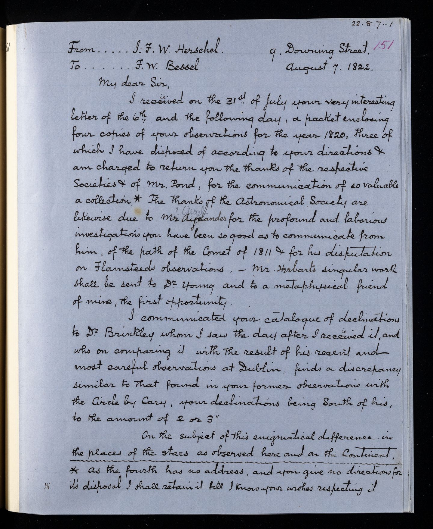 Copy letter, from Sir John Herschel to Friedrich Wilhelm Bessel, dated ...